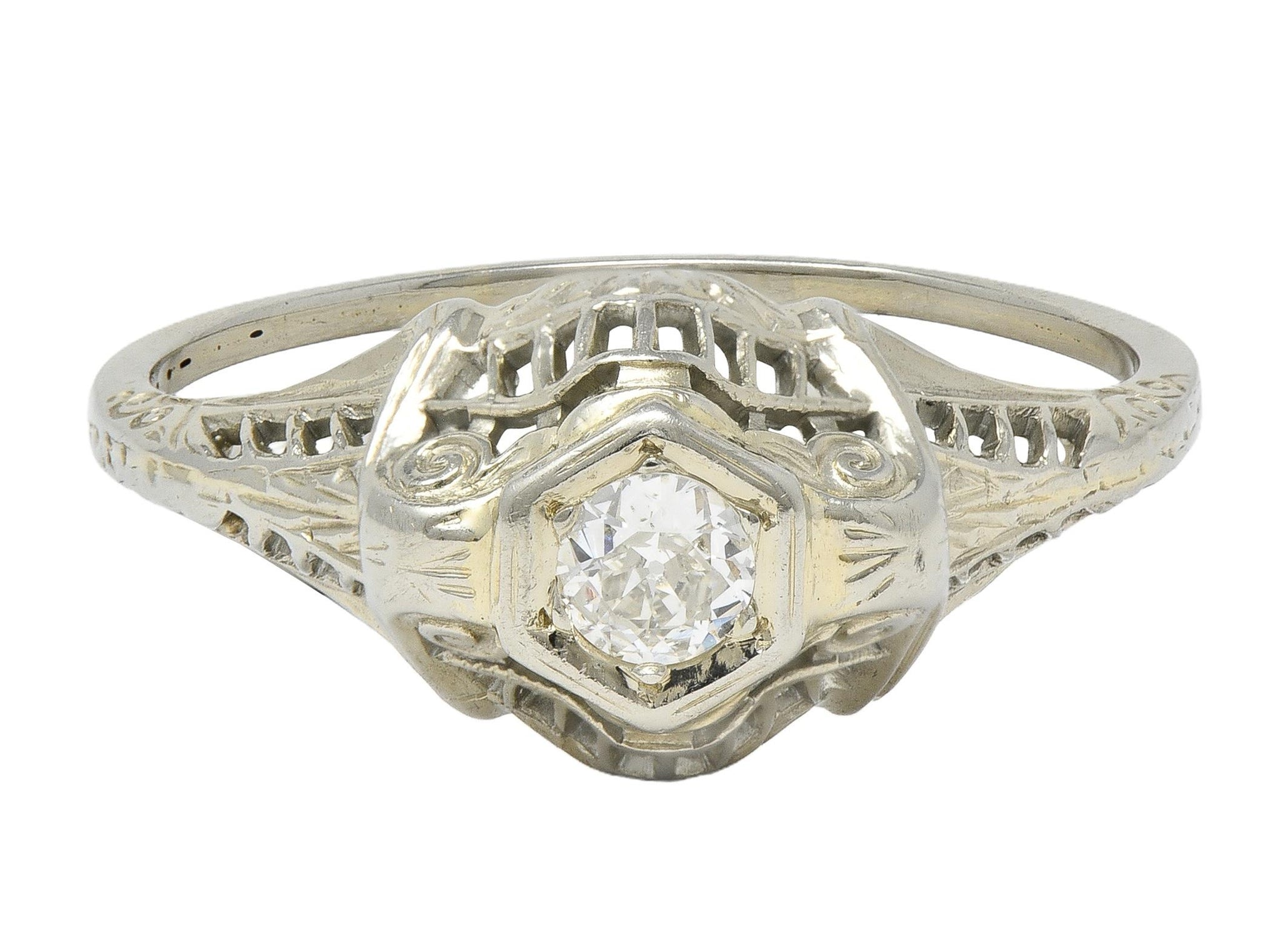 Art Deco Old European Diamond 18 Karat White Gold Vintage Scrolling Bo