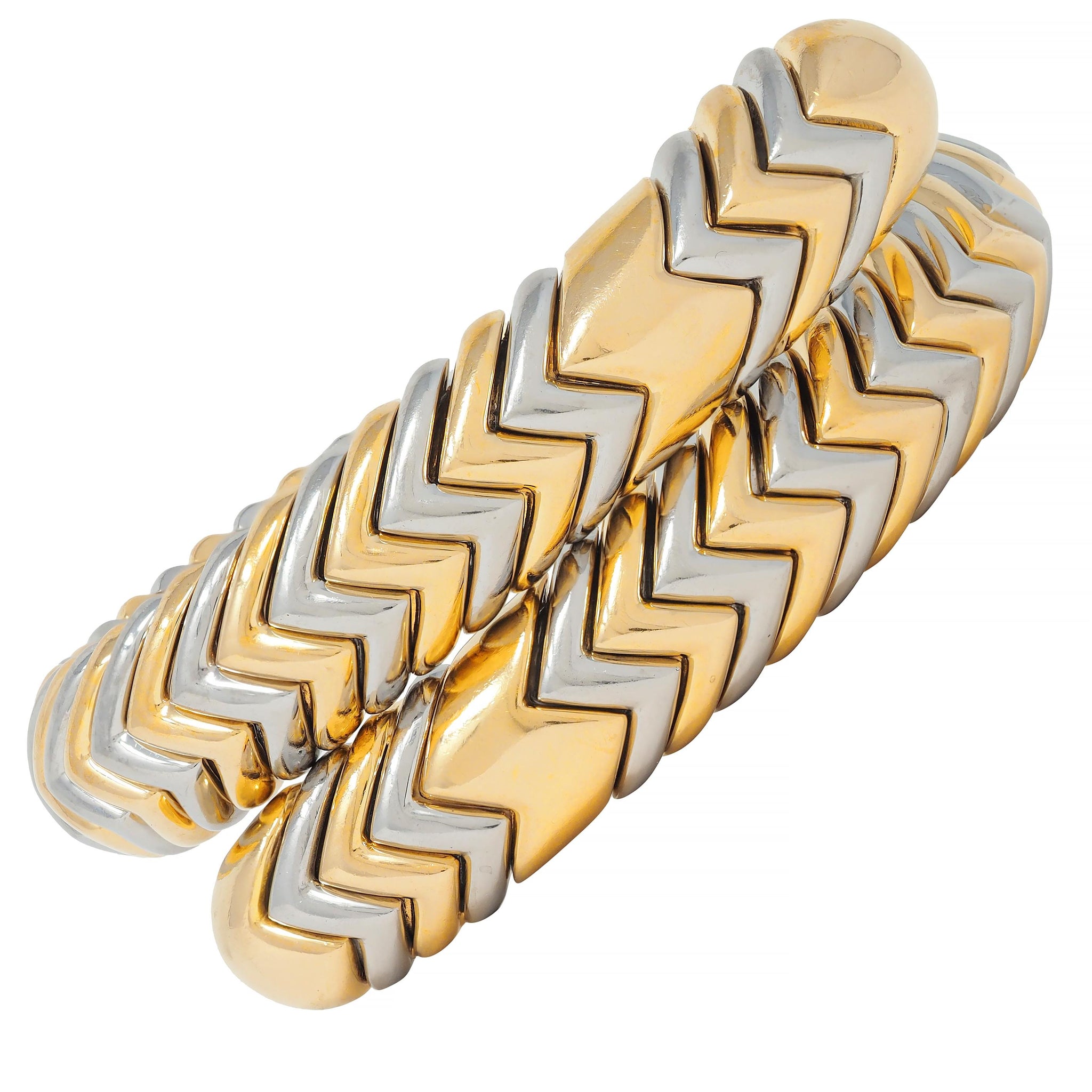 Bulgari 1990's 18 Karat Yellow Gold Stainless Steel Chevron Spiga Wrap