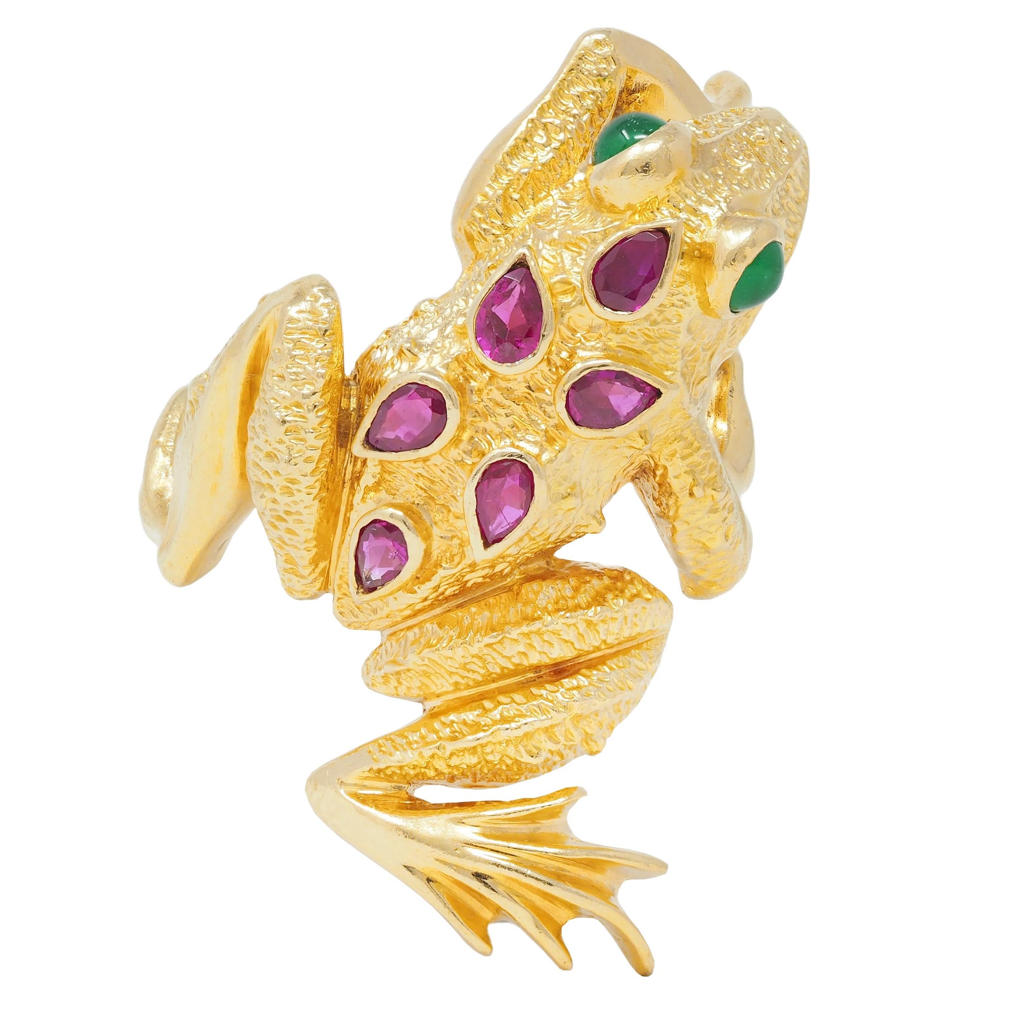 1969 Kurt Wayne 1.60 CTW Ruby Emerald 18 Karat Yellow Gold Vintage Fro