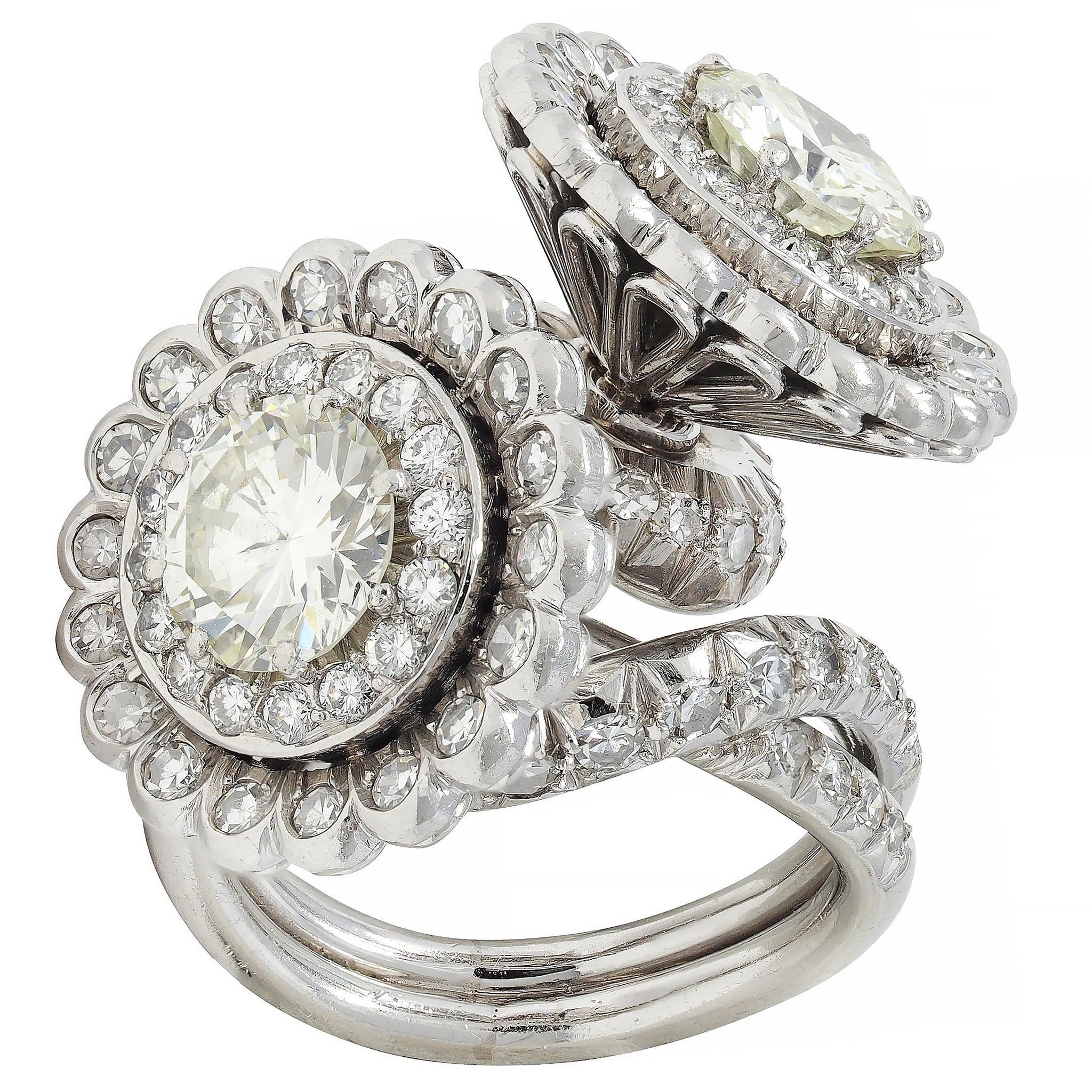 Mid-Century French 5.85 CTW Diamond Platinum Vintage Halo Bypass Flora