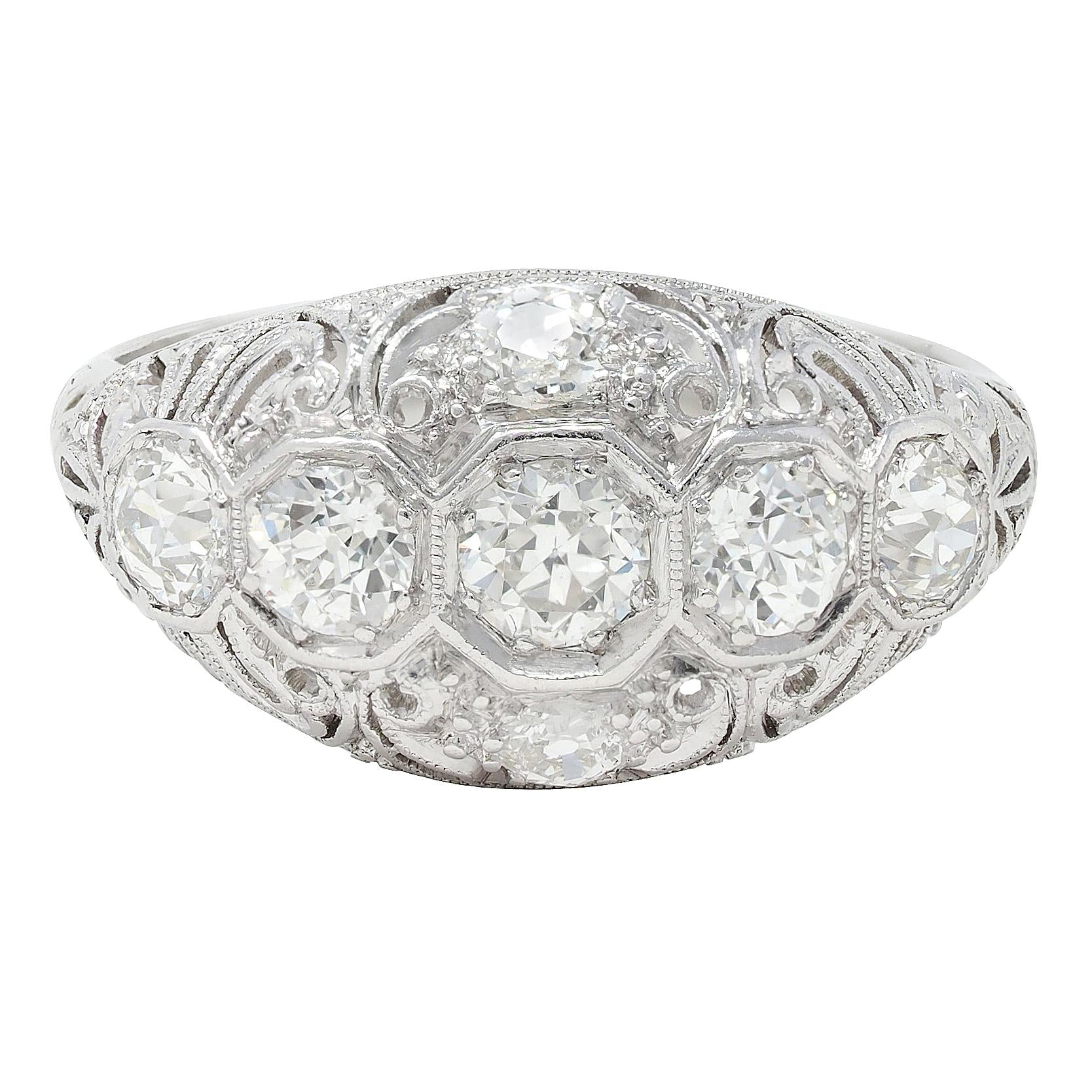 Art Deco 1.25 CTW Diamond Platinum Pierced Scrolling Vintage Bombé Ban