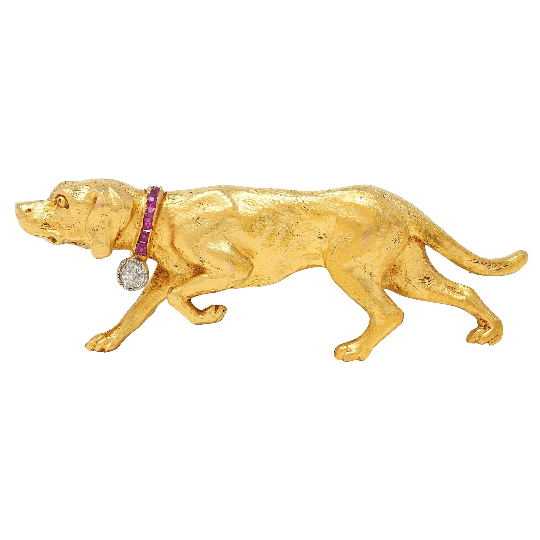 Edwardian Diamond Ruby Platinum 18 Karat Yellow Gold Antique Hound Dog