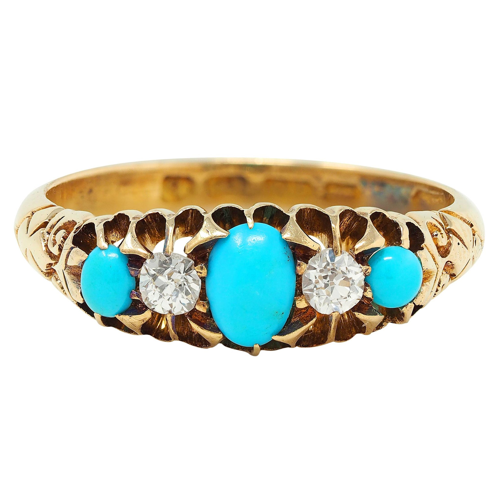 1919 Turquoise Diamond 18 Karat Yellow Gold Antique Five Stone Band Ri