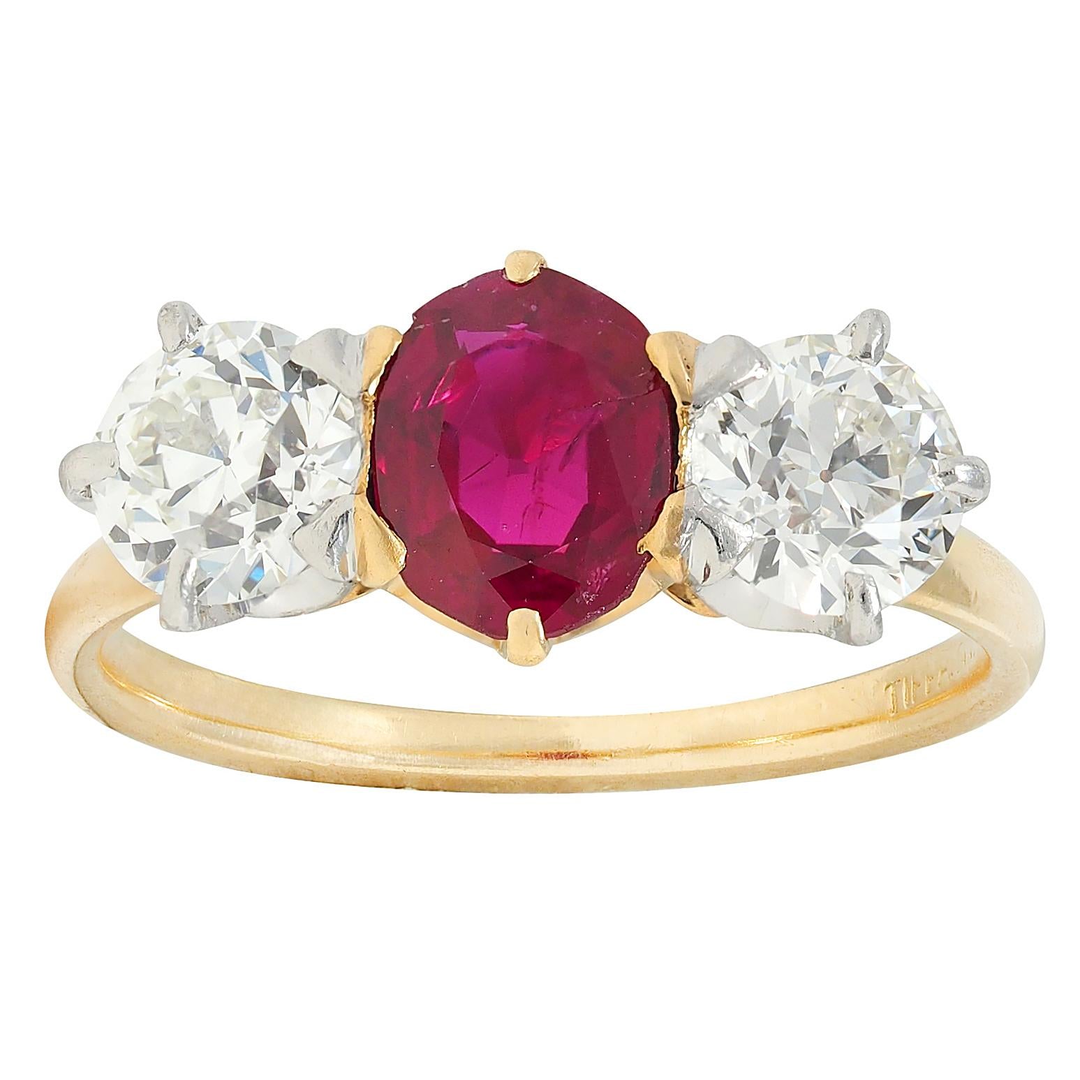 Tiffany & Co. No Heat Burma Ruby Diamond Platinum 18 Karat Yellow Gold