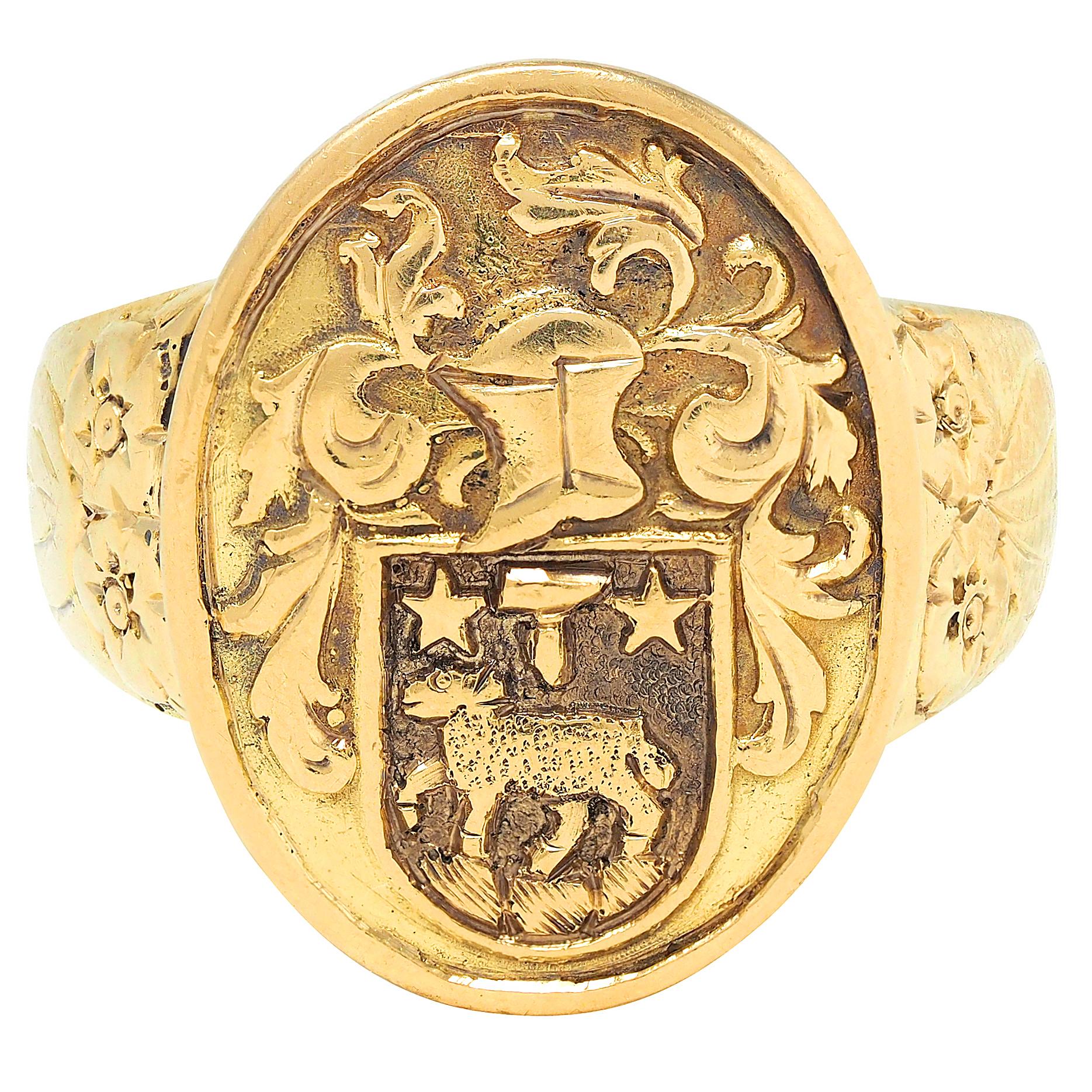 Early 1900's Victorian 18 Karat Yellow Gold Antique Heraldic Crest Sig