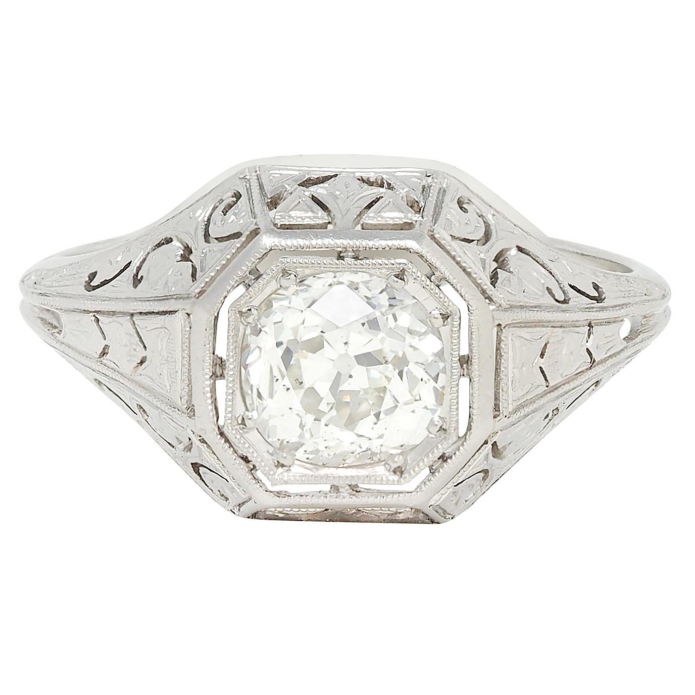 Art Deco 0.93 CTW Old Mine Cut Diamond Platinum Vintage Scrolling Soli