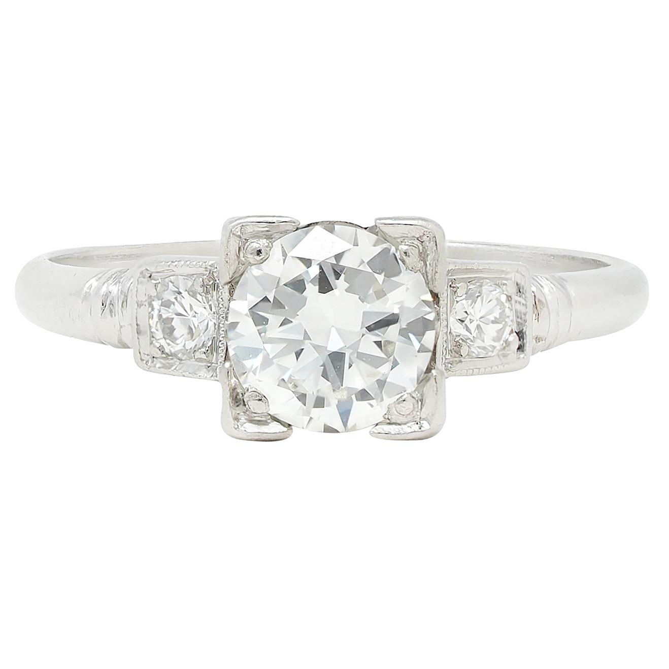 Retro 0.65 CTW Diamond Platinum Vintage Square Form Engagement Ring