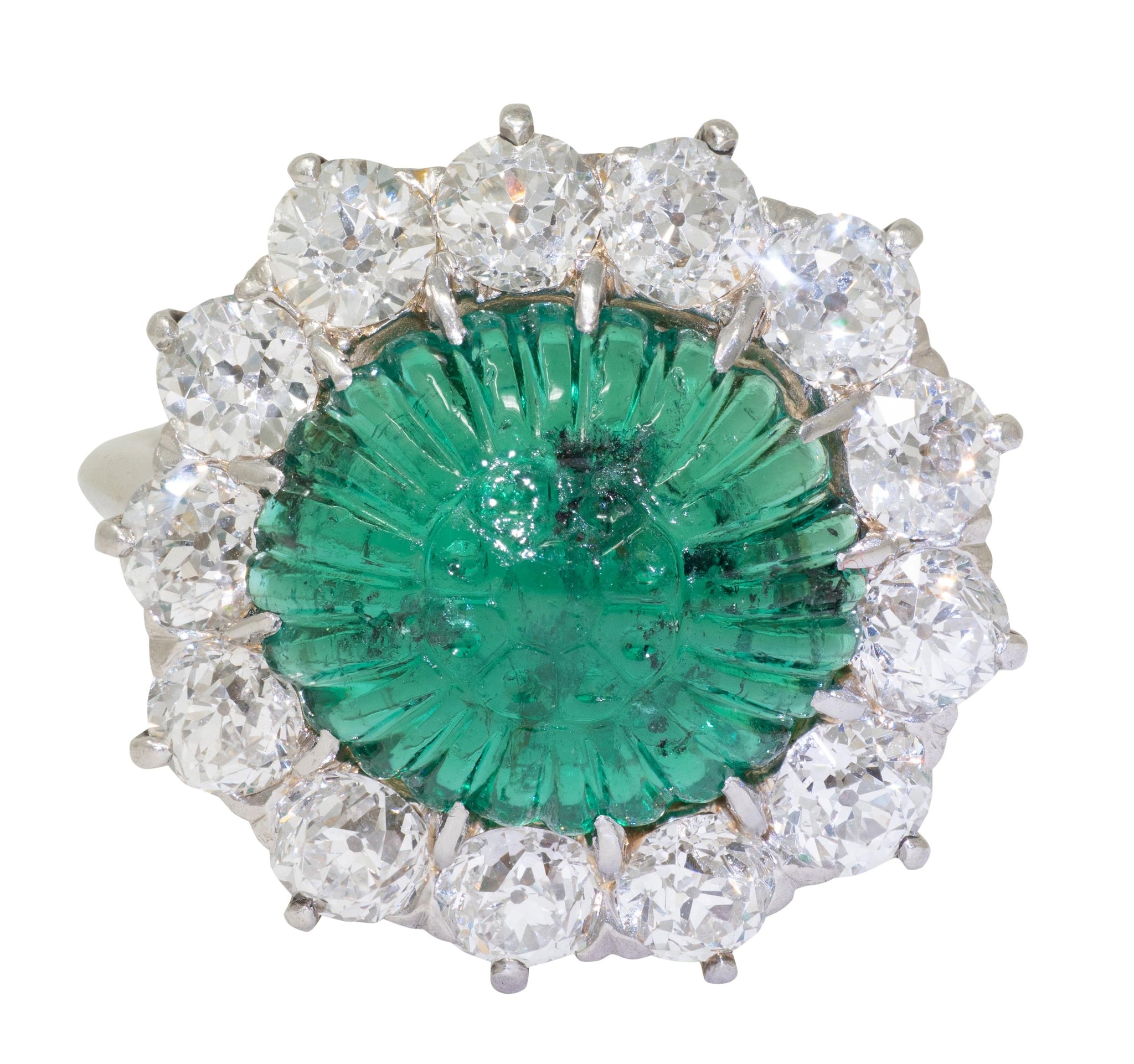 Art Deco Carved Mogul Emerald Diamond Platinum 18 Karat Yellow Antique