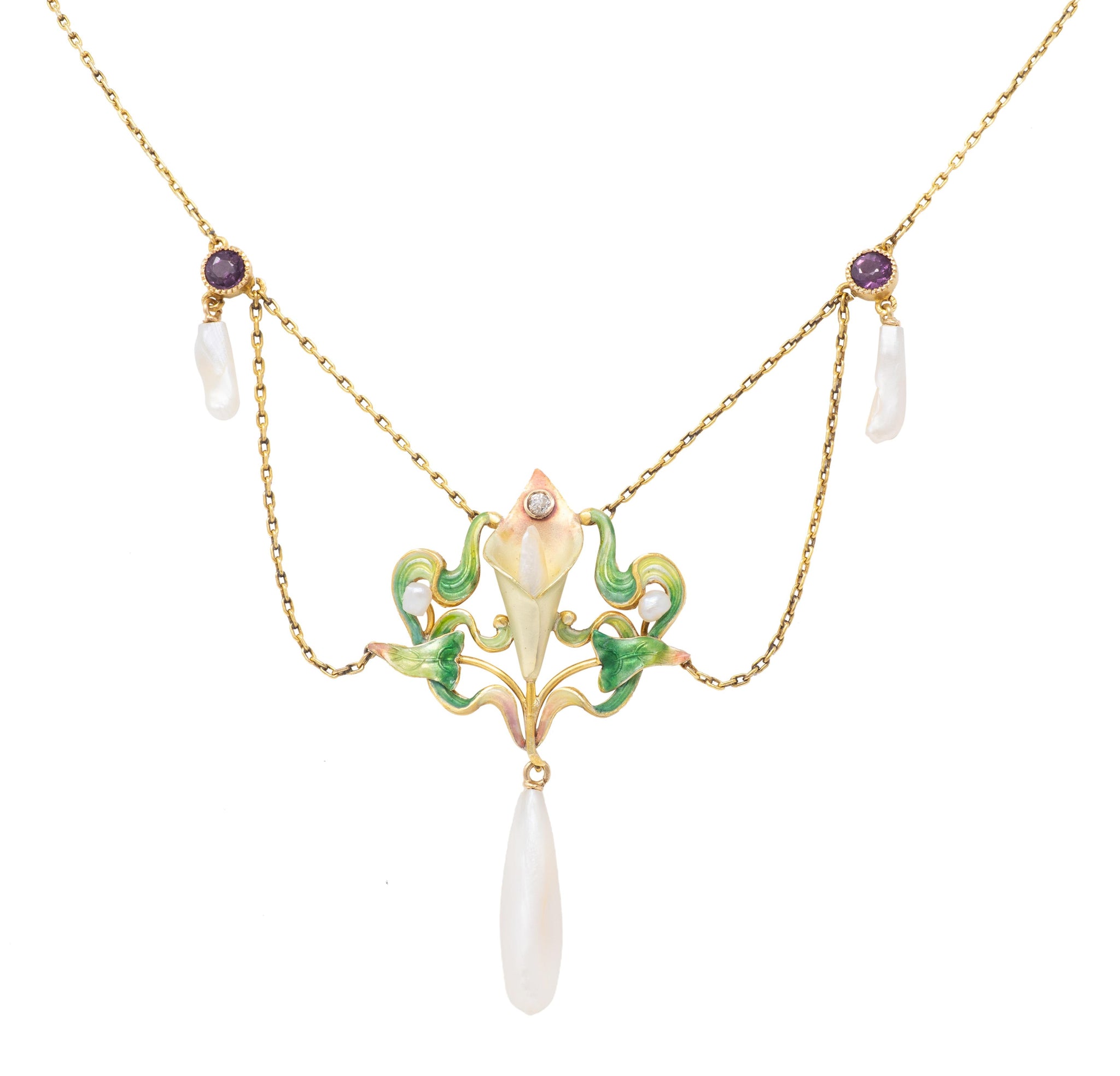 Art Nouveau Diamond Amethyst Pearl 14 Karat Yellow Gold Antique Swagge