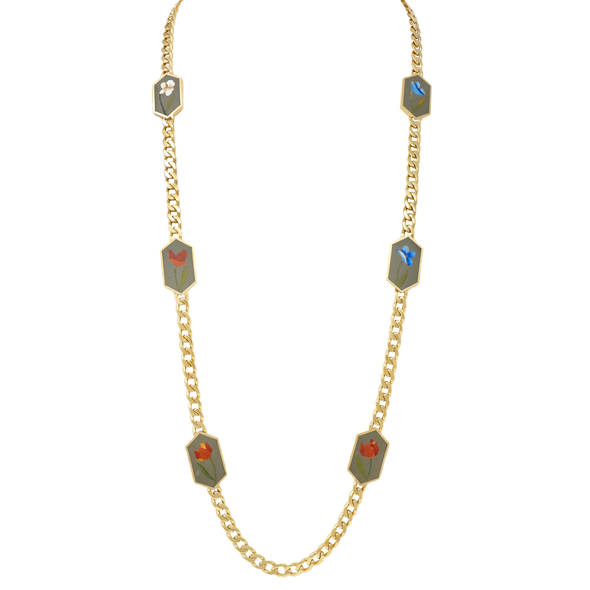 Bulgari 1970's Inlay Multi-Gem 18 Karat Yellow Gold Vintage Curb Link