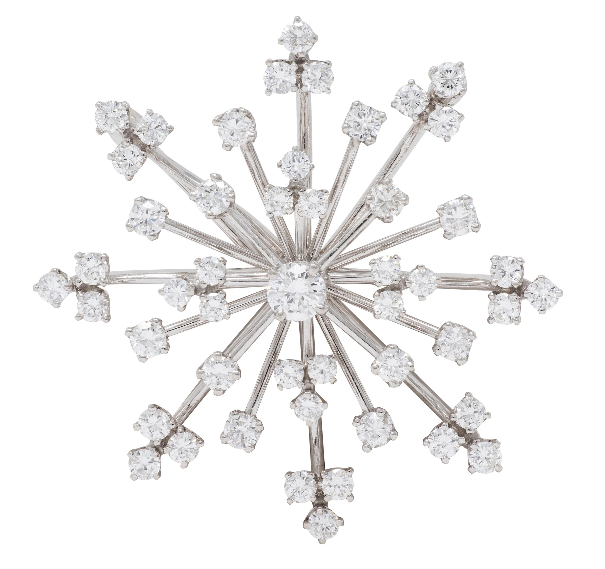 1960's Diamond Platinum Vintage Starburst Snowflake Pendant Brooch