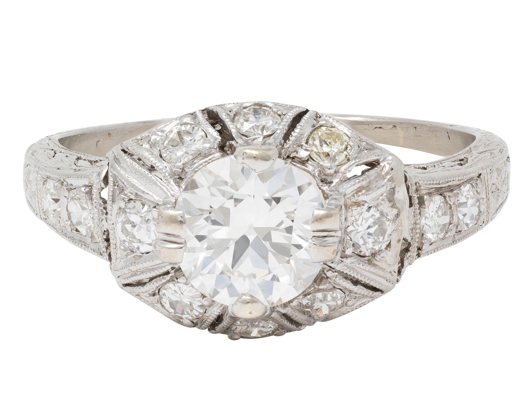 Art Deco Old European Cut Diamond Platinum Vintage Scrolling Palm Enga