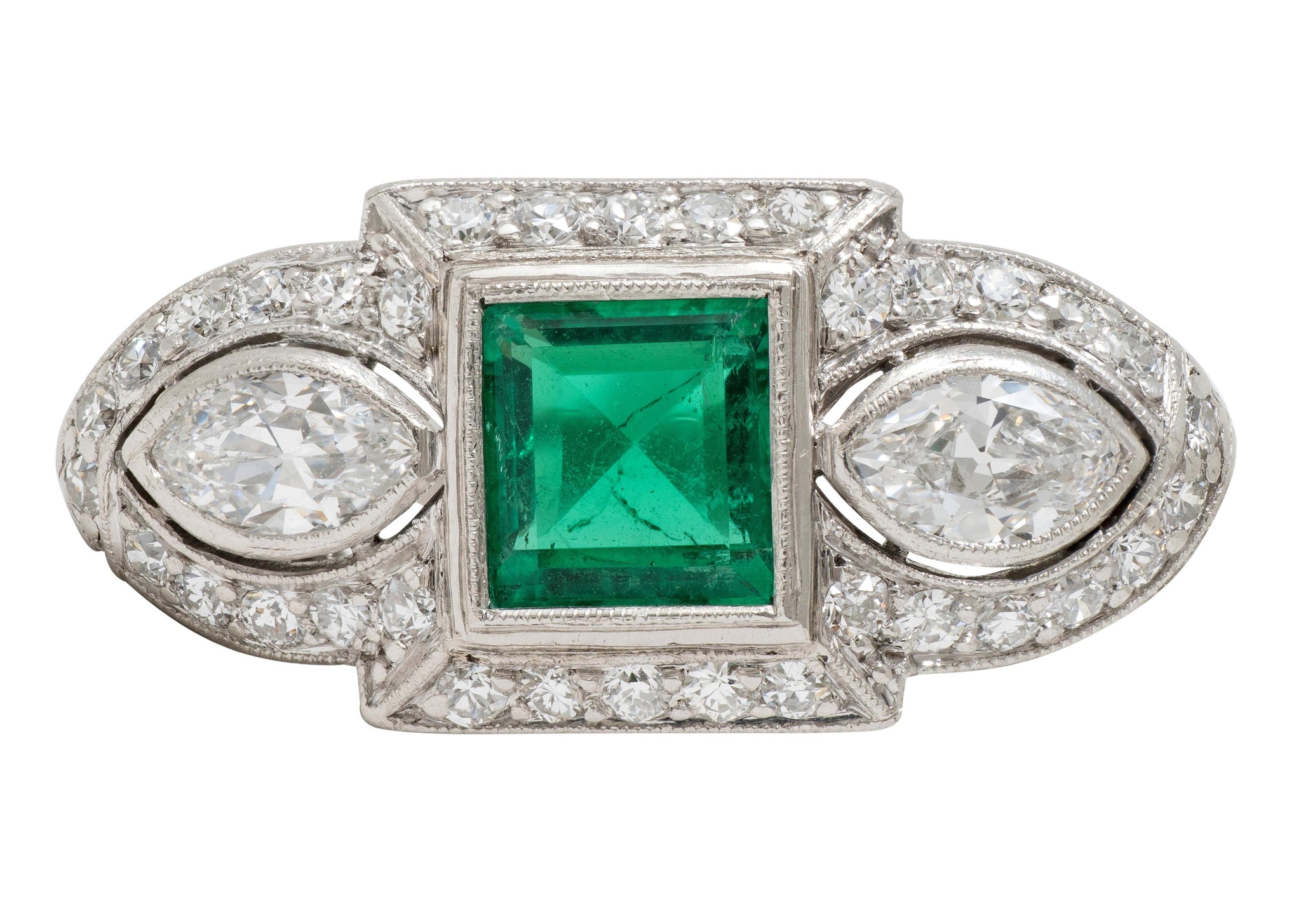 Art Deco 2.25 CTW Emerald Diamond Platinum Vintage Scrolling Three Sto