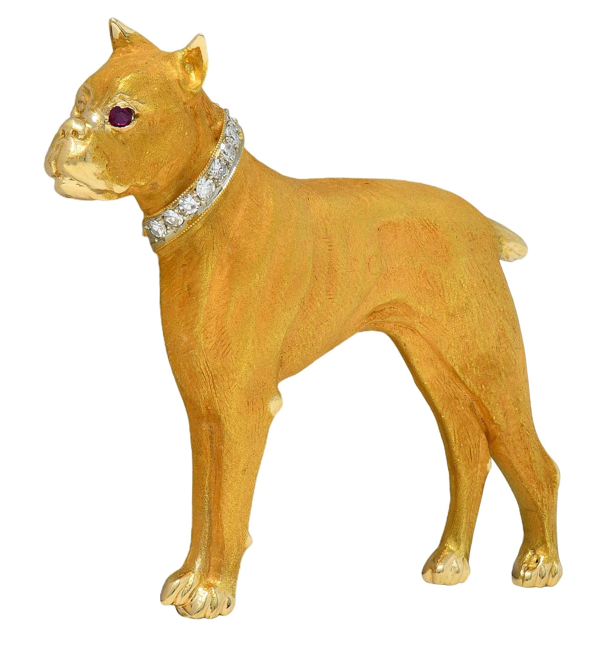 Edwardian Diamond Ruby 14 Karat Yellow Gold Antique Boxer Dog Brooch