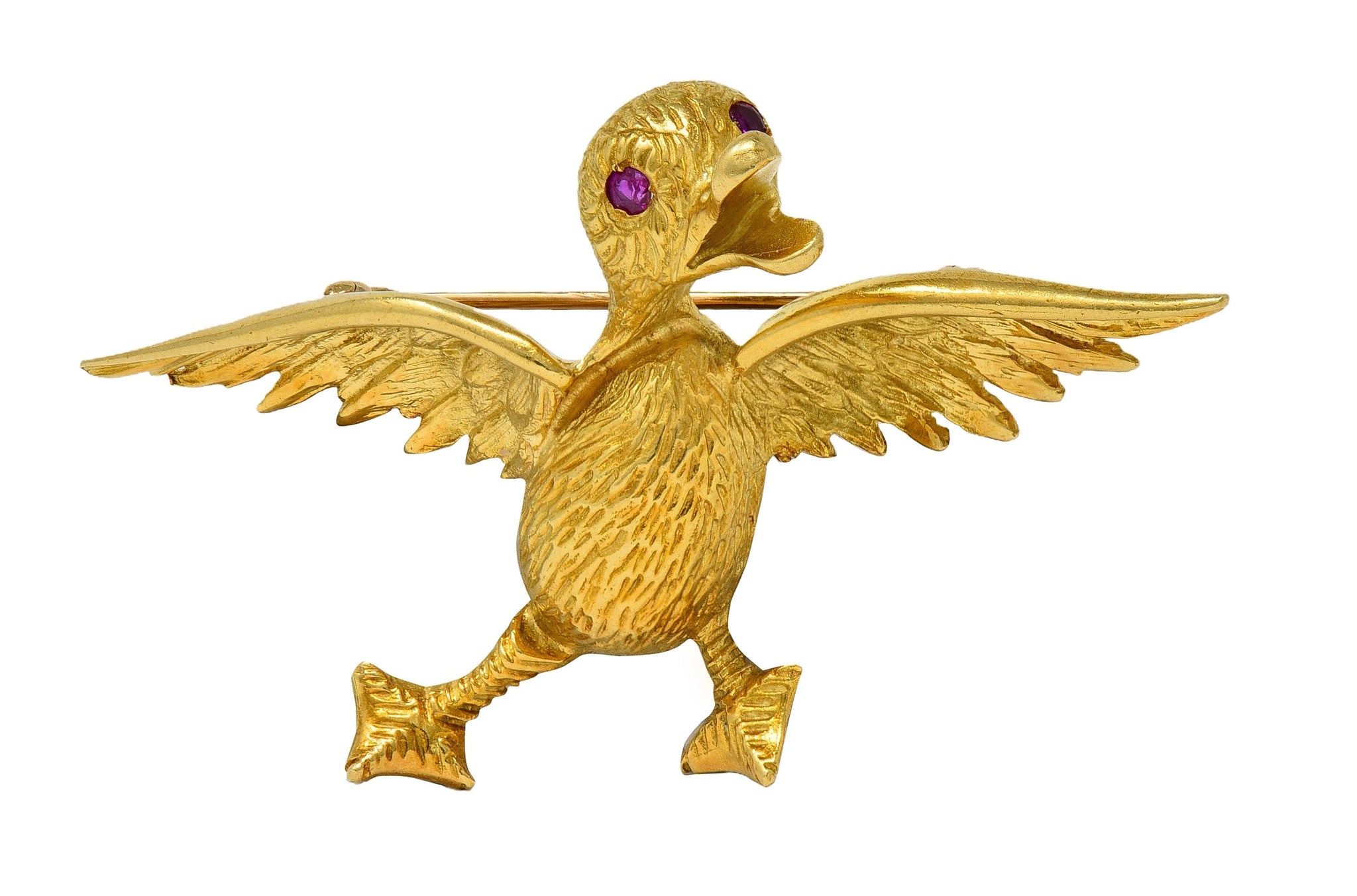 1960's Ruby 18 Karat Yellow Gold Vintage Duck Whimsical Bird Brooch