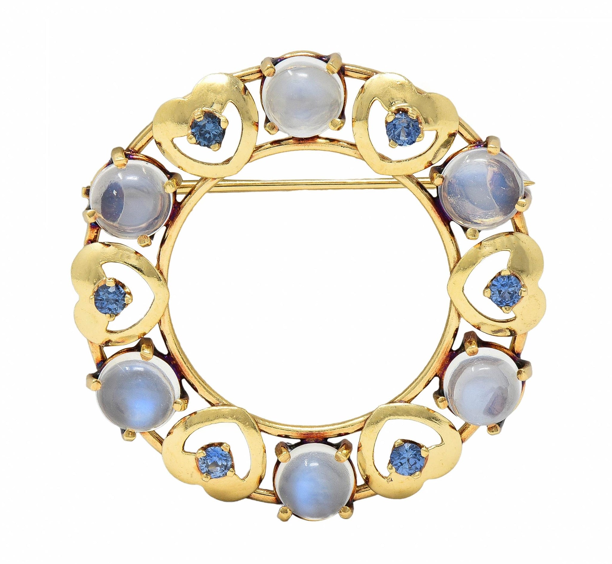 Retro Sapphire Moonstone 14 Karat Yellow Gold Vintage Heart Circle Bro