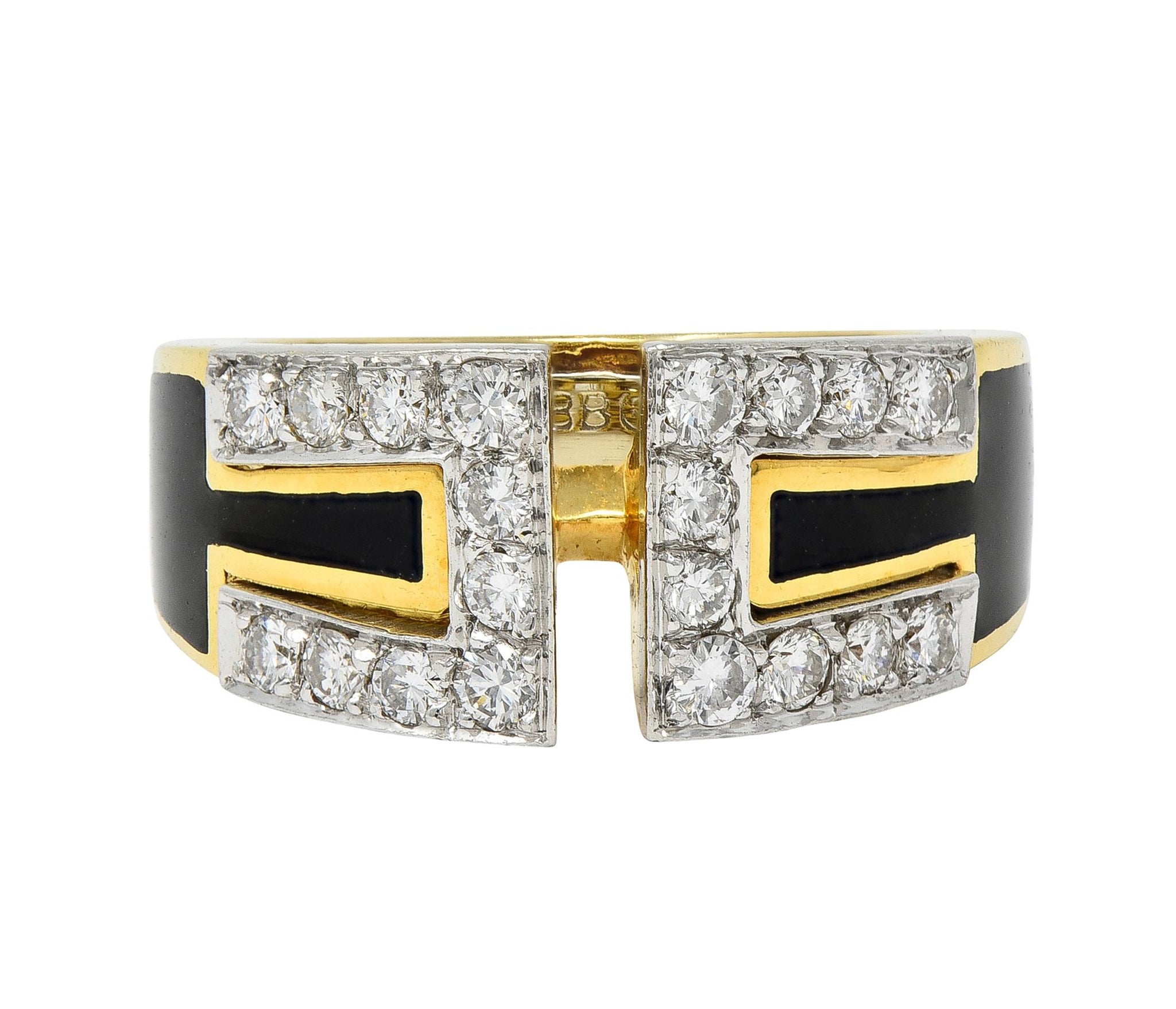 David Webb Diamond Black Enamel Platinum 18 Karat Yellow Gold Gap Ring