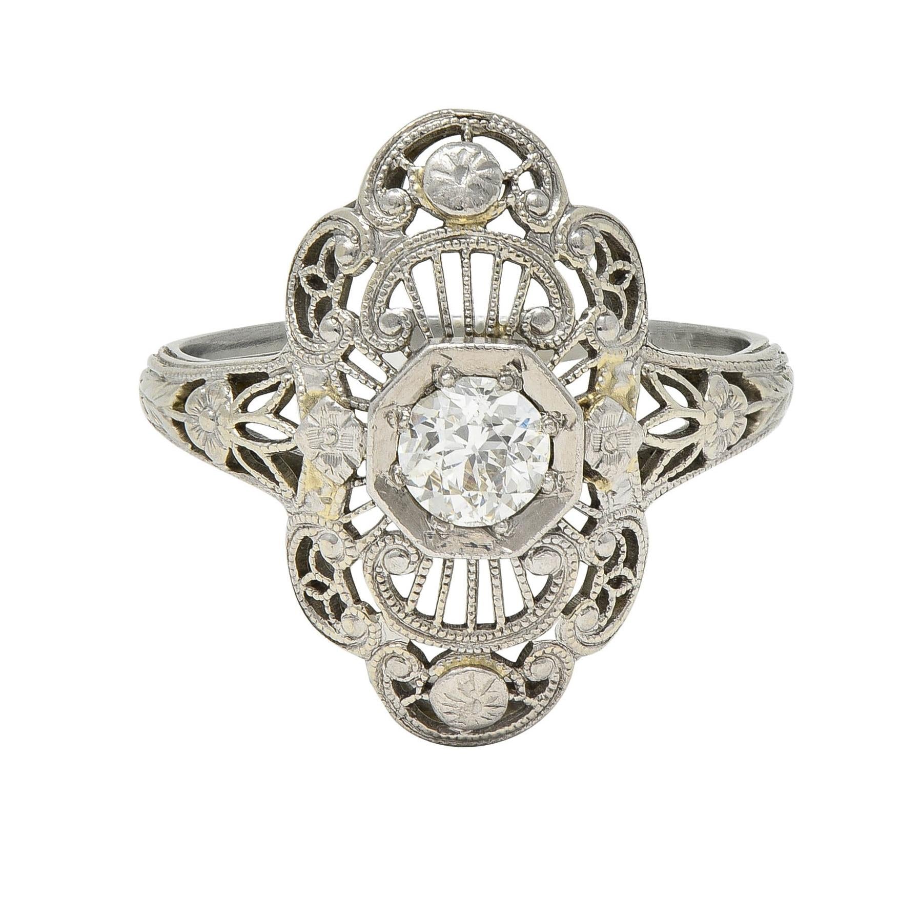 Art Deco Diamond 18 Karat White Gold Vintage Scrolling Orange Blossom