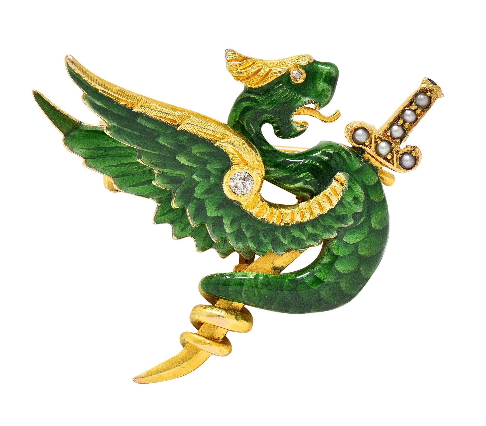 Riker Bros Art Nouveau Diamond Pearl Green Enamel 14K Yellow Gold Drag