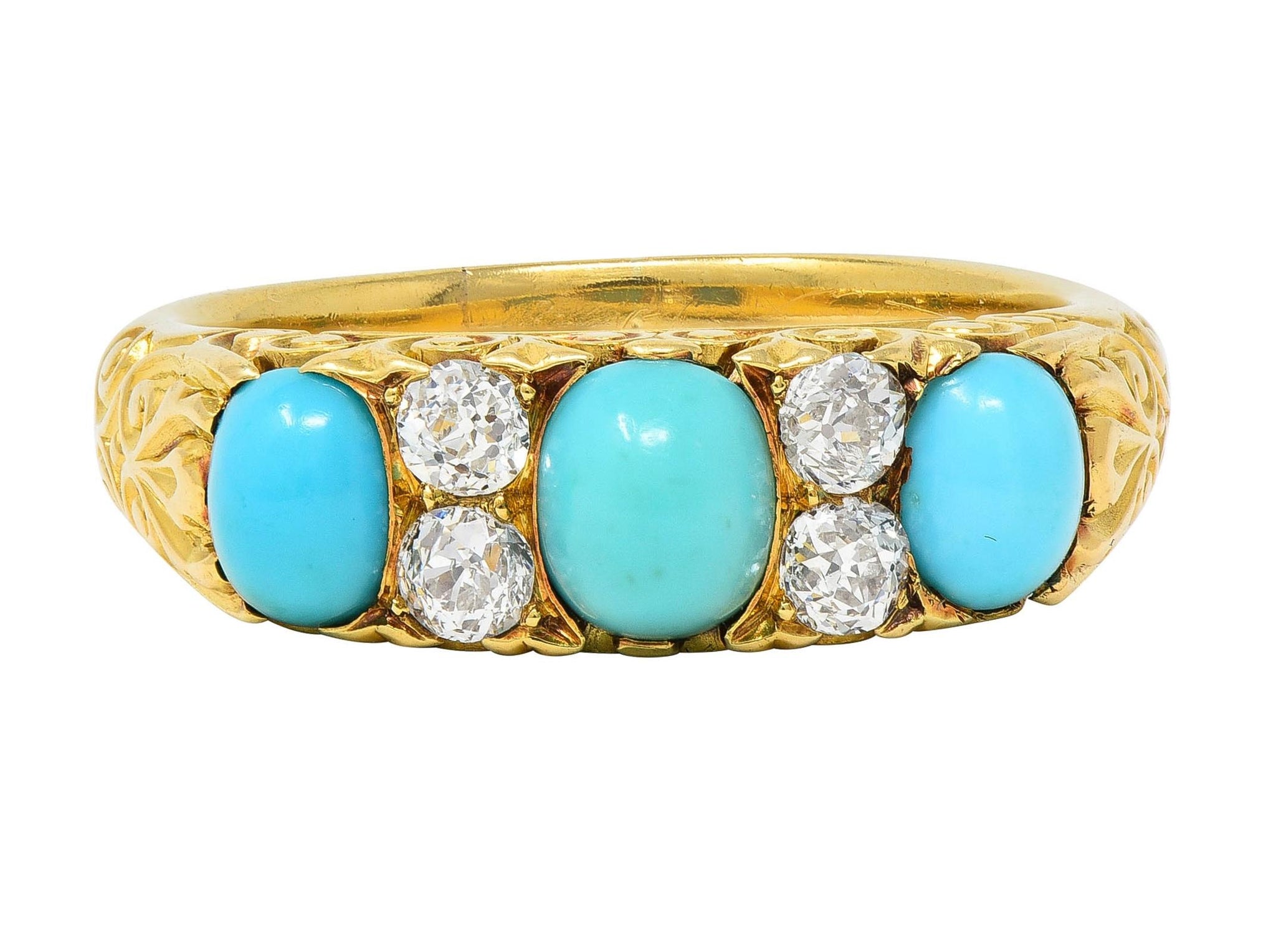 Victorian Diamond Turquoise 18 Karat Yellow Gold Scrolling Antique Ban
