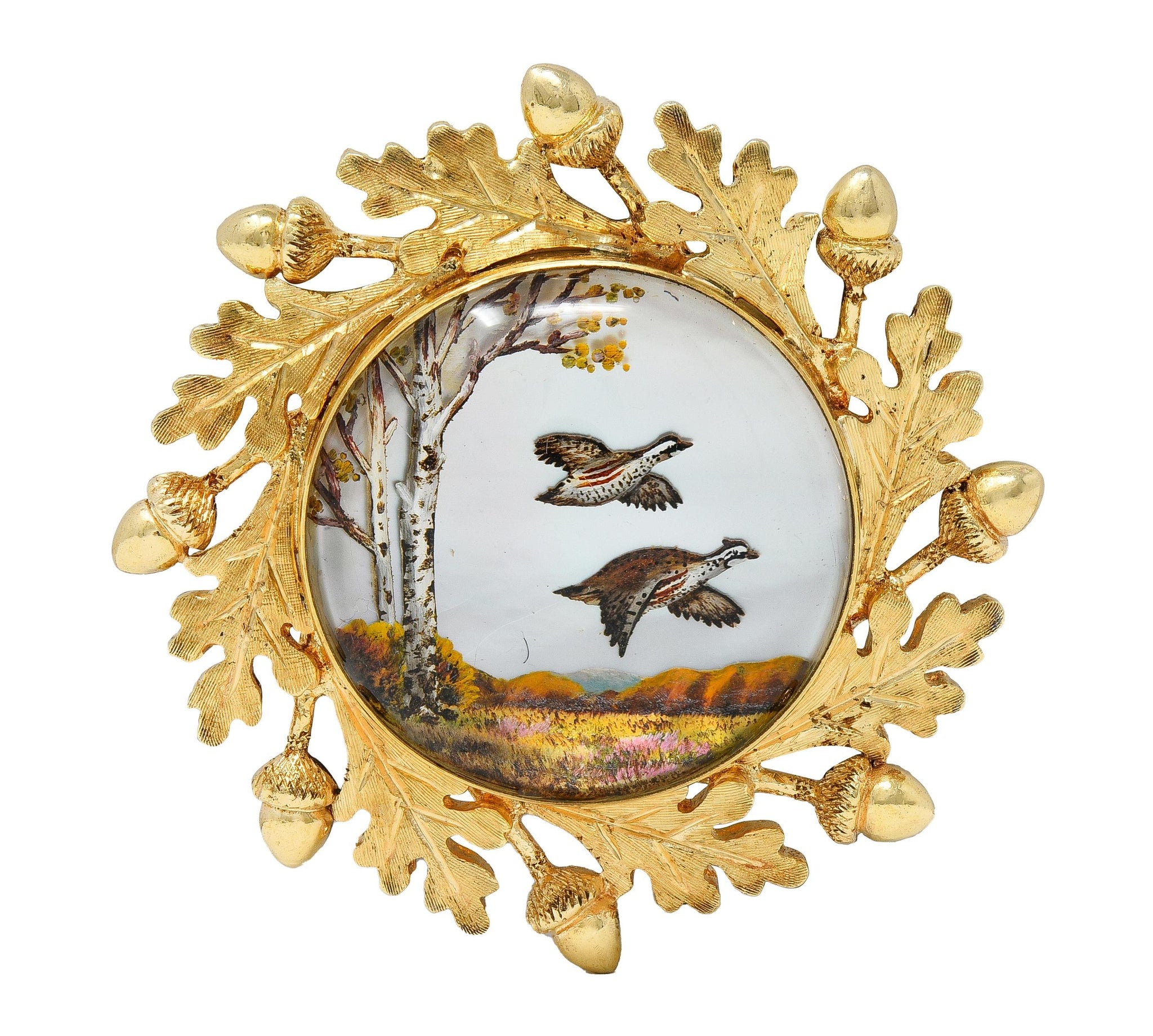 Edwardian Reverse Carved Essex Crystal 14 Karat Yellow Gold Quail Acor