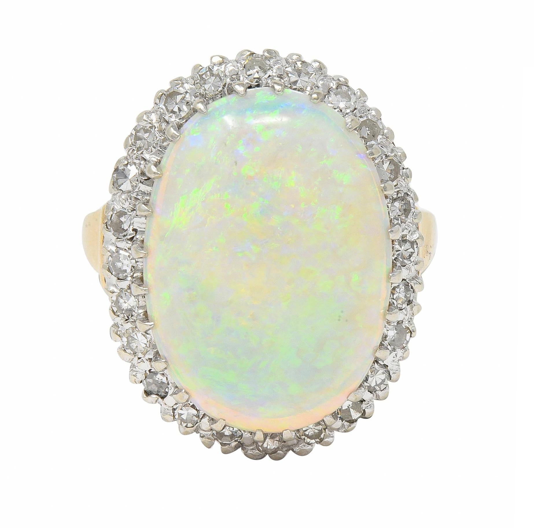 Mid-Century Diamond Opal Platinum 14 Karat Yellow Gold Vintage Halo Cl