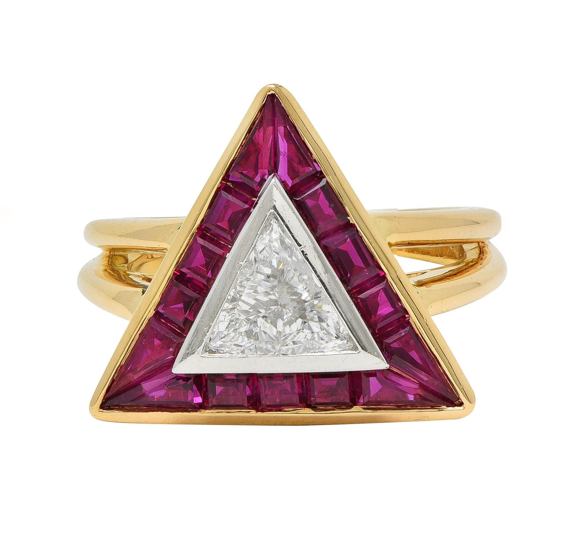 Oscar Heyman Trilliant Cut Diamond Ruby Platinum 18 Karat Yellow Gold