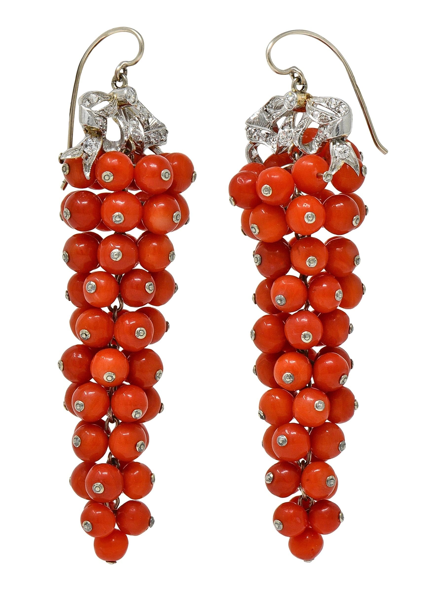 Belle Époque Diamond Coral Bead Platinum Antique Grape Cluster Drop Ea
