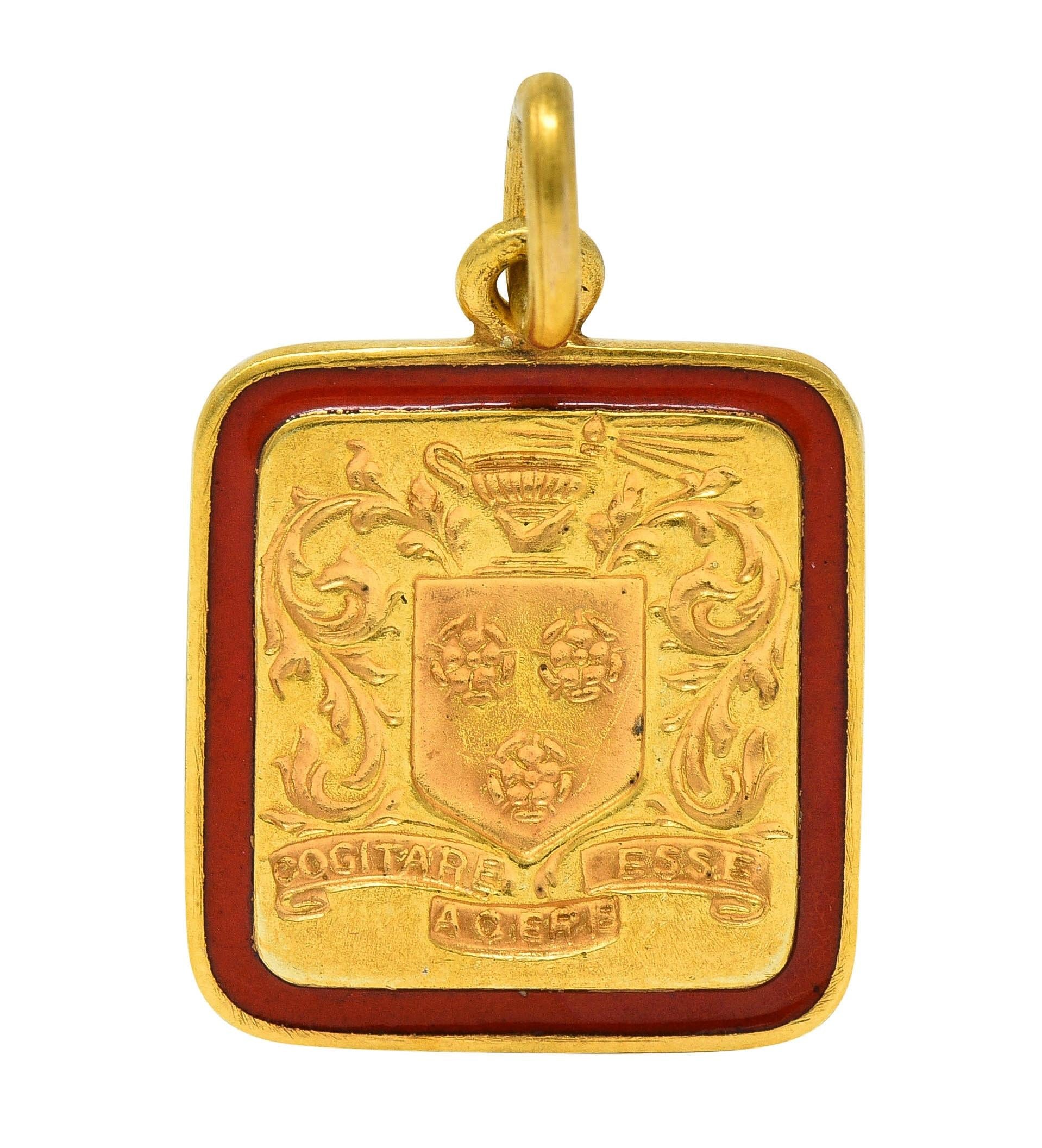 Tiffany & Co. 1945 Enamel 14 Karat Gold School Crest Antique Intaglio