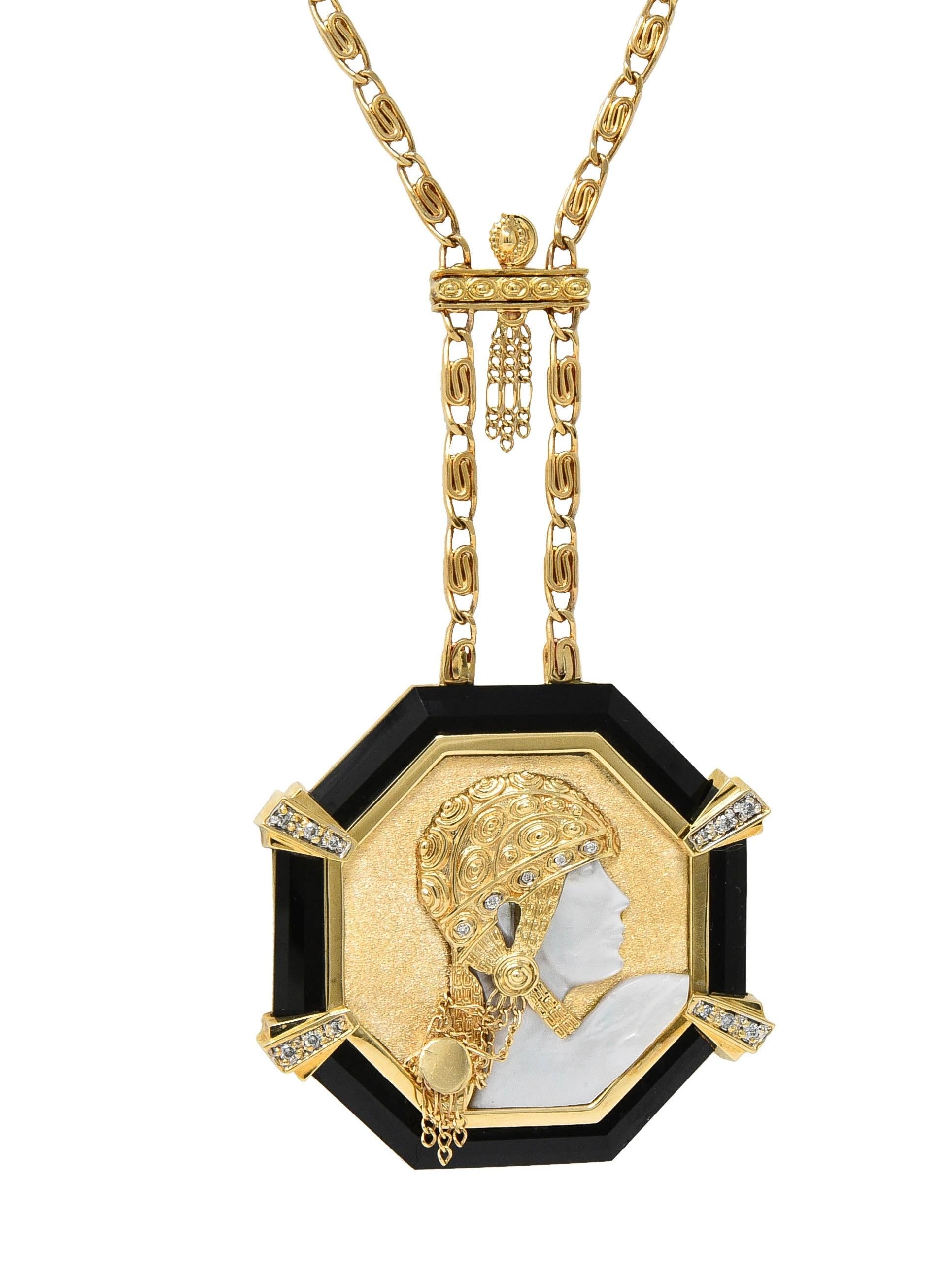 Erté 1970's Diamond Onyx Mother-Of-Pearl 14K Gold Vintage Aventurine S