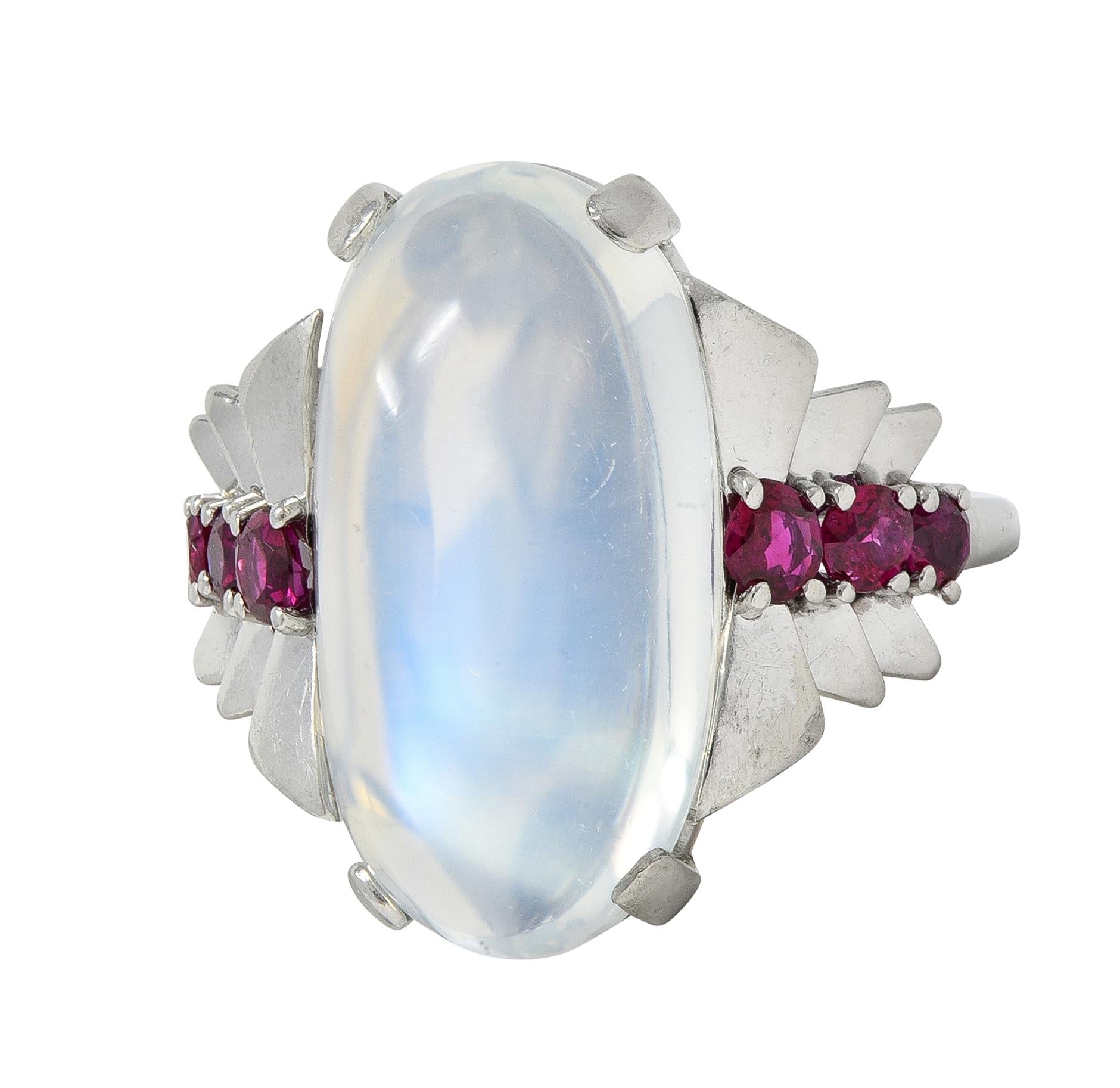 Mid-Century Moonstone Ruby Platinum Vintage Fanning Cocktail Ring