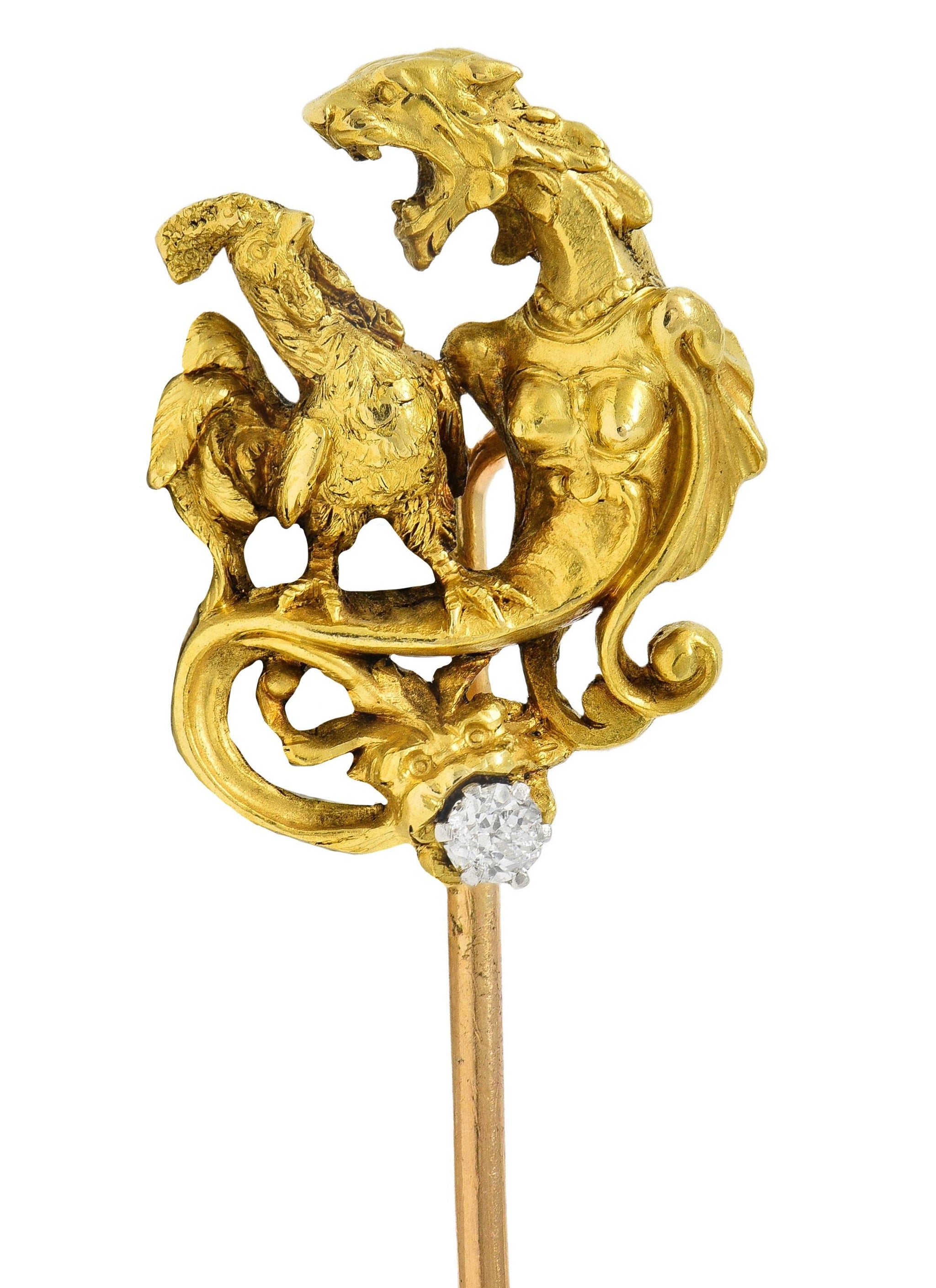 Art Nouveau French Diamond Platinum 18 Karat Yellow Gold Antique Roost