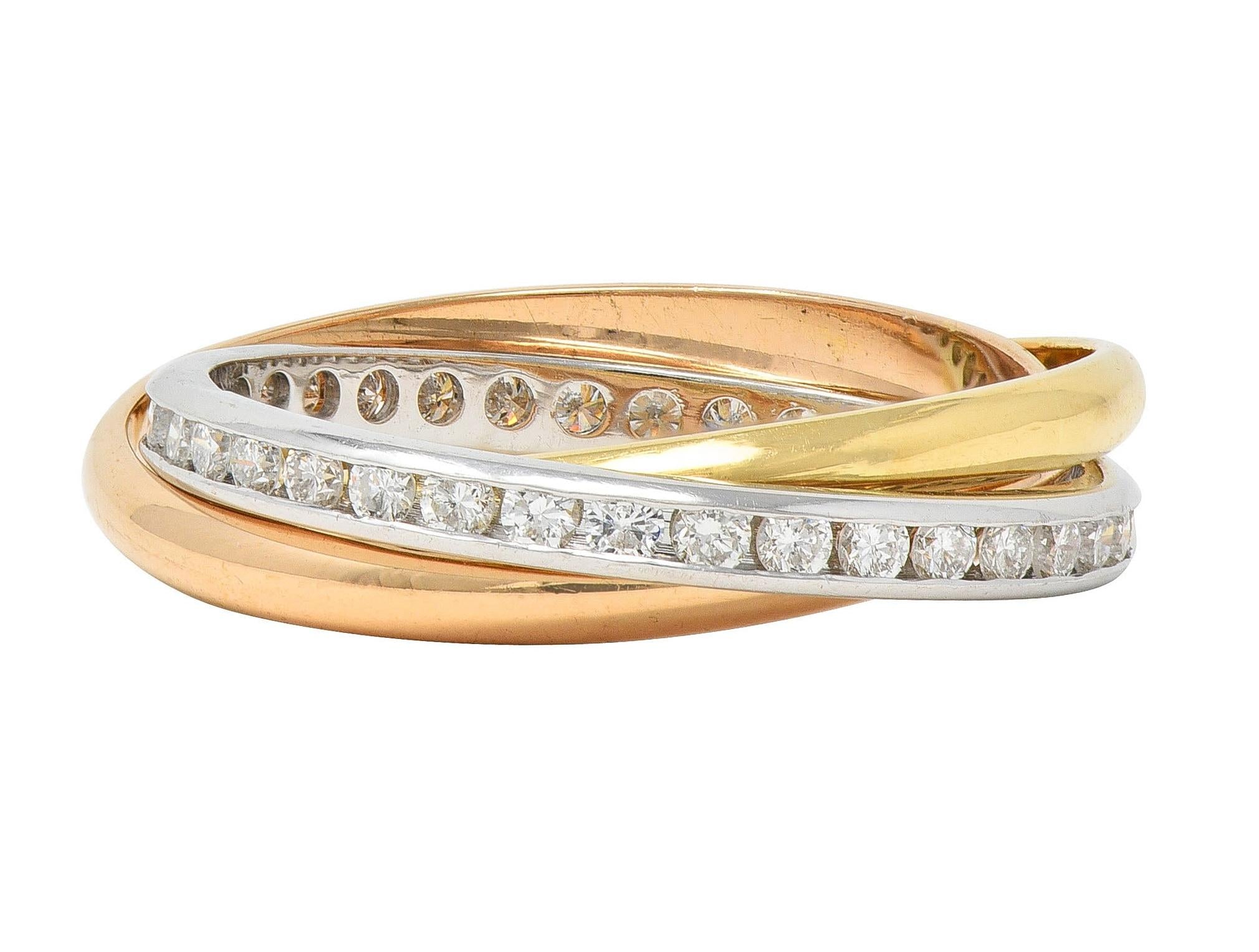 French Diamond 18 Karat Rose White Yellow Tri-Gold Vintage Rolling Ban