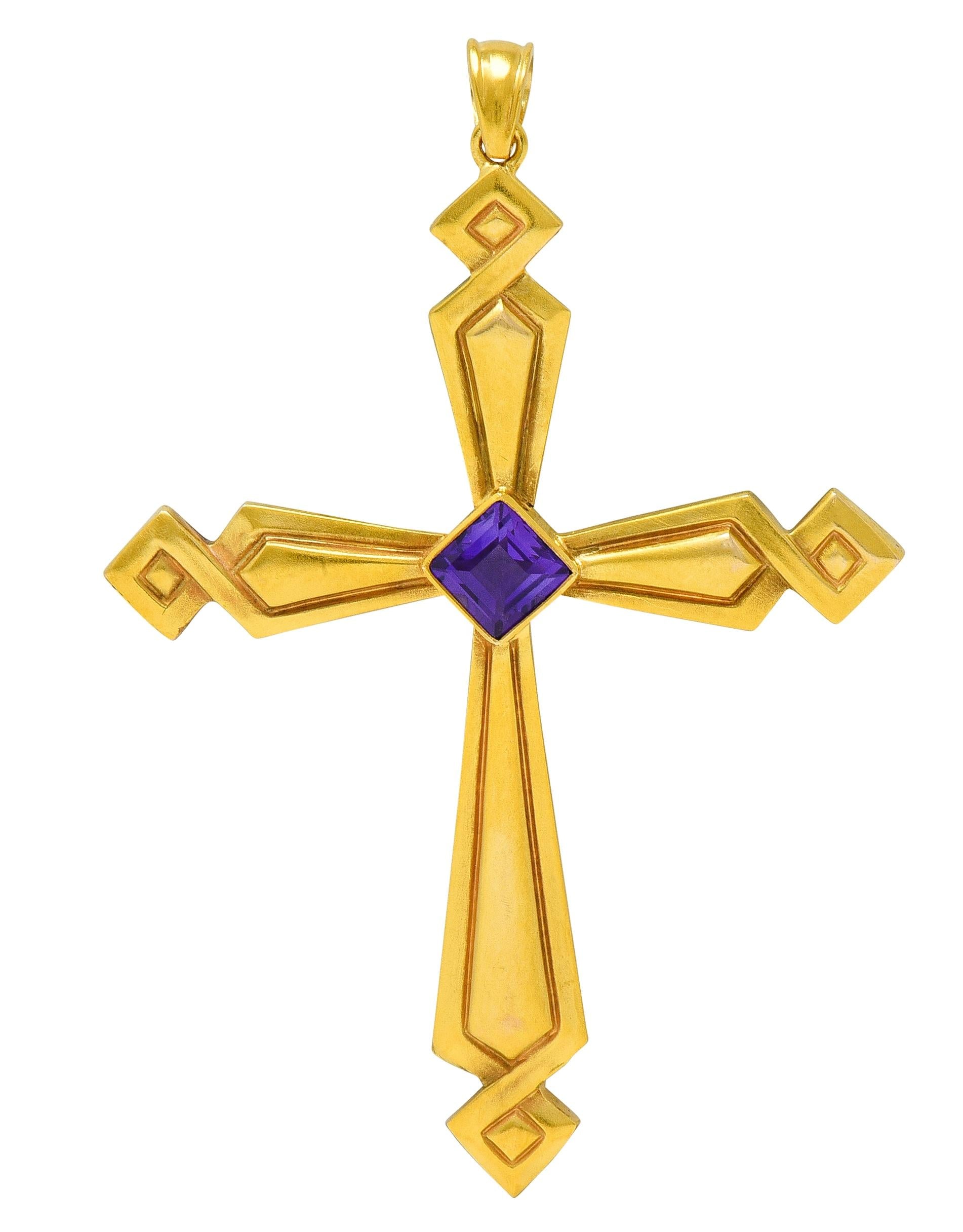 Victorian Amethyst 14 Karat Yellow Gold Antique Geometric Cross Pendan
