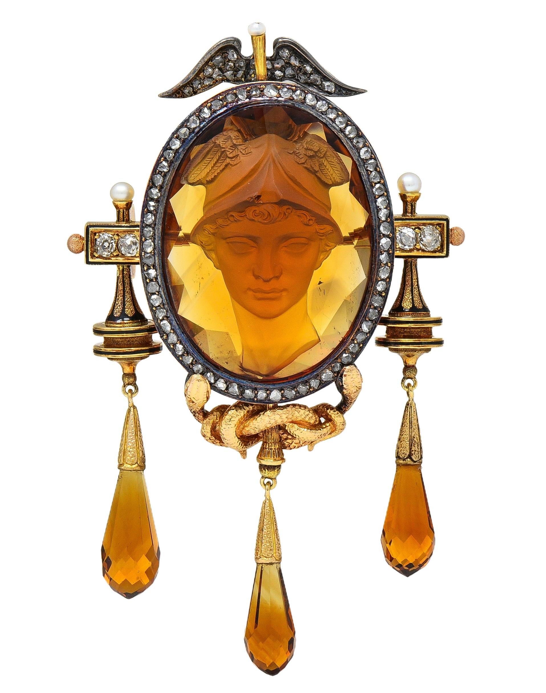 Victorian Diamond Citrine Silver 18 Karat Yellow Gold Antique Greek Go