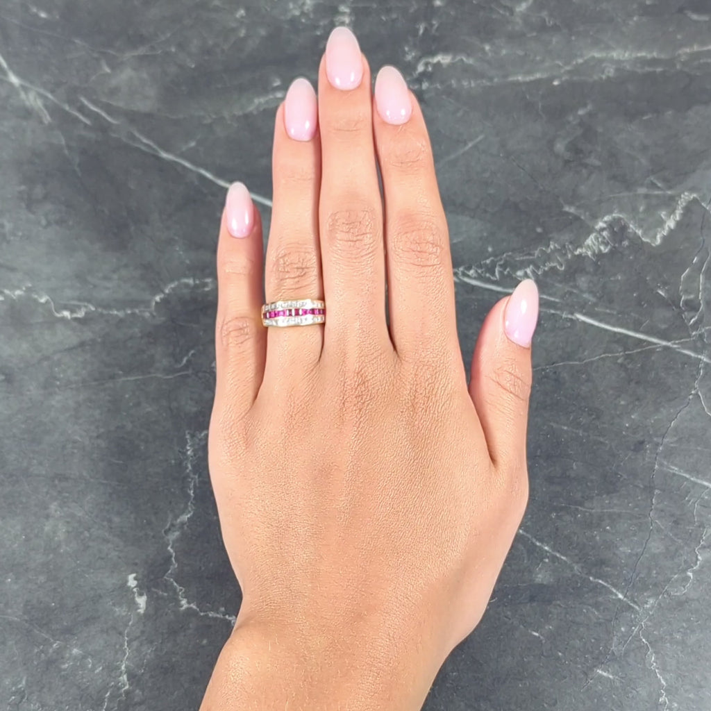 1.42 CTW Square Step-Cut Diamond Ruby 18 Karat Yellow Gold Vintage ...