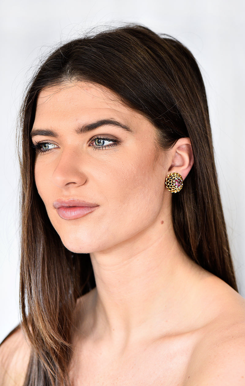 Tiffany & Co. Mid-Century Ruby Diamond Platinum 18 Karat Yellow Gold Dahlia Vintage Ear-Clip ...