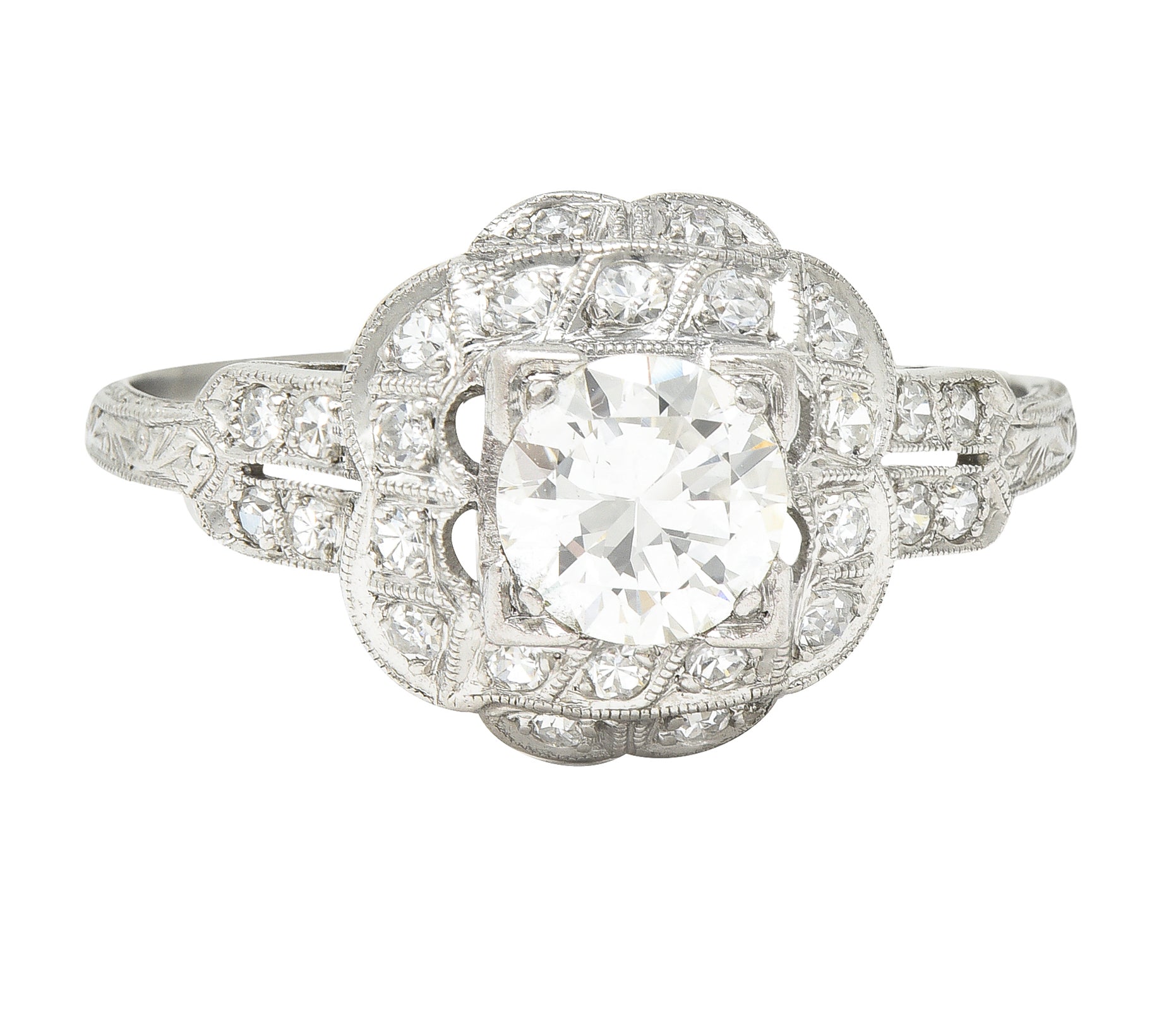 Art Deco 0.91 CTW Old European Cut Diamond Platinum Square Form Halo ...