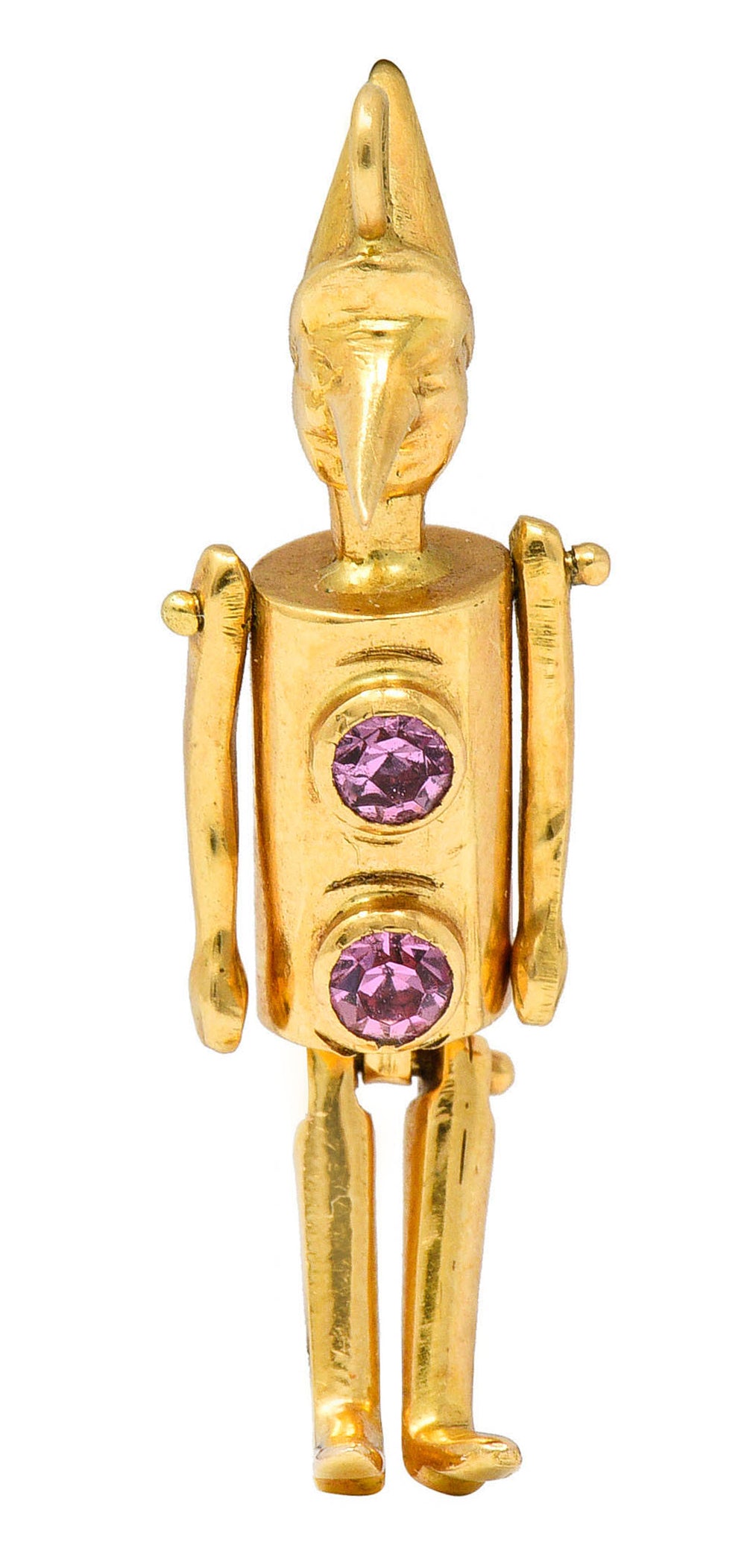 Retro Pink Sapphire 18 Karat Gold Articulated Pinocchio Charm