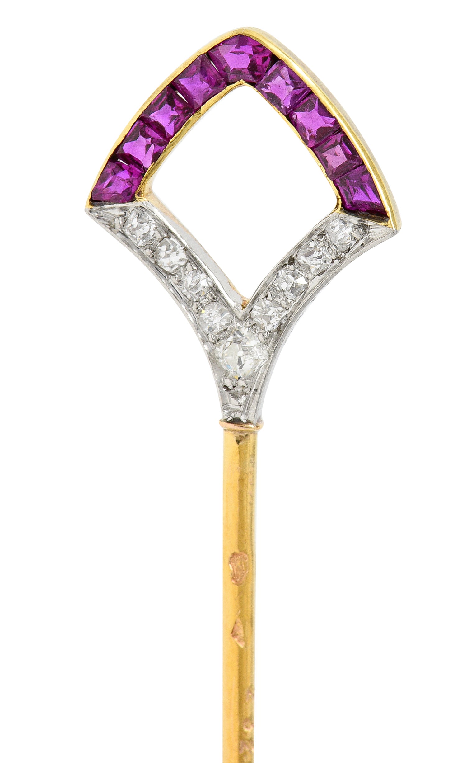 Art Deco French Ruby Diamond Platinum 18 Karat Yellow Gold Shield Stic