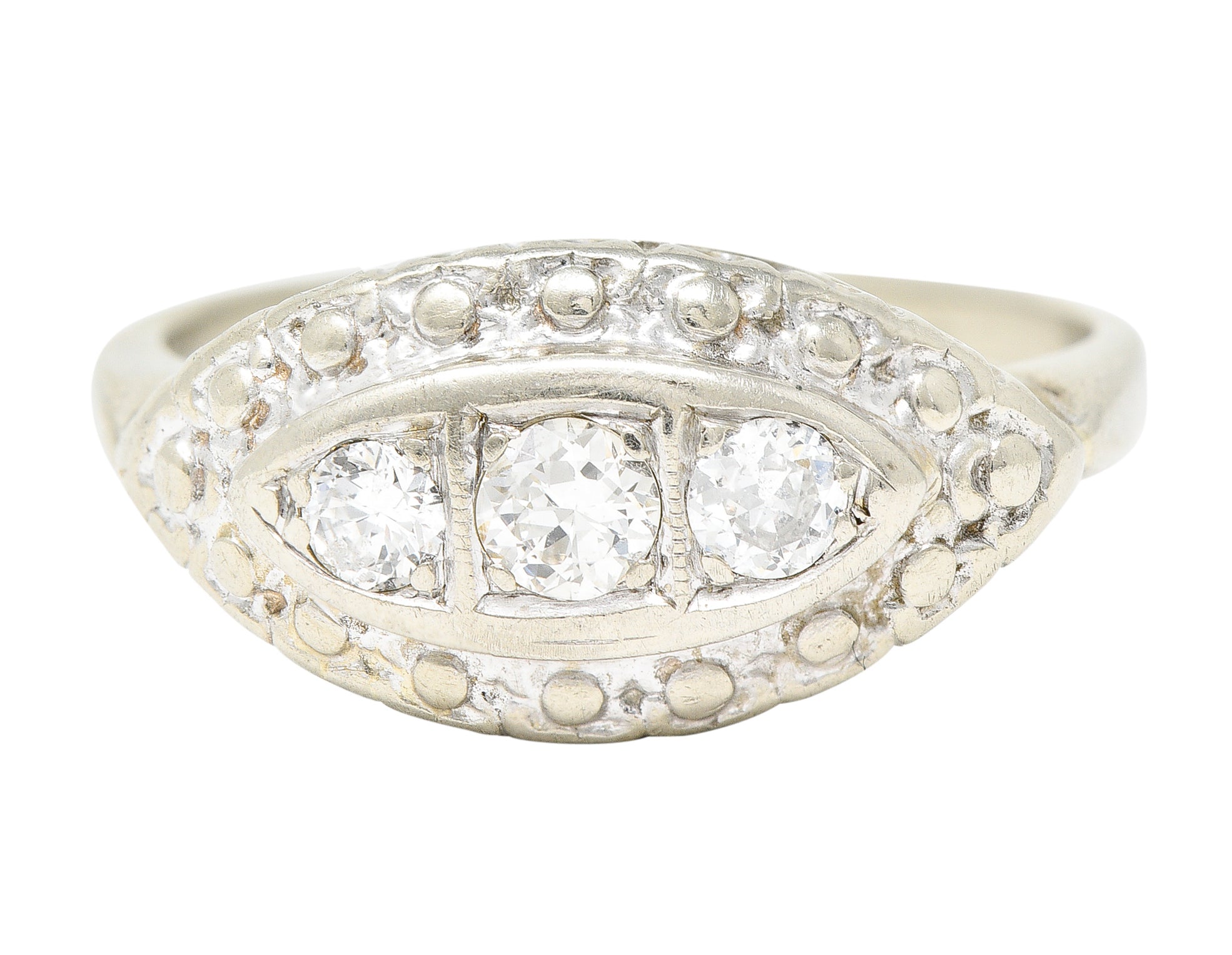 Art Deco Old European Cut Diamond 14 Karat White Gold Three Stone ...