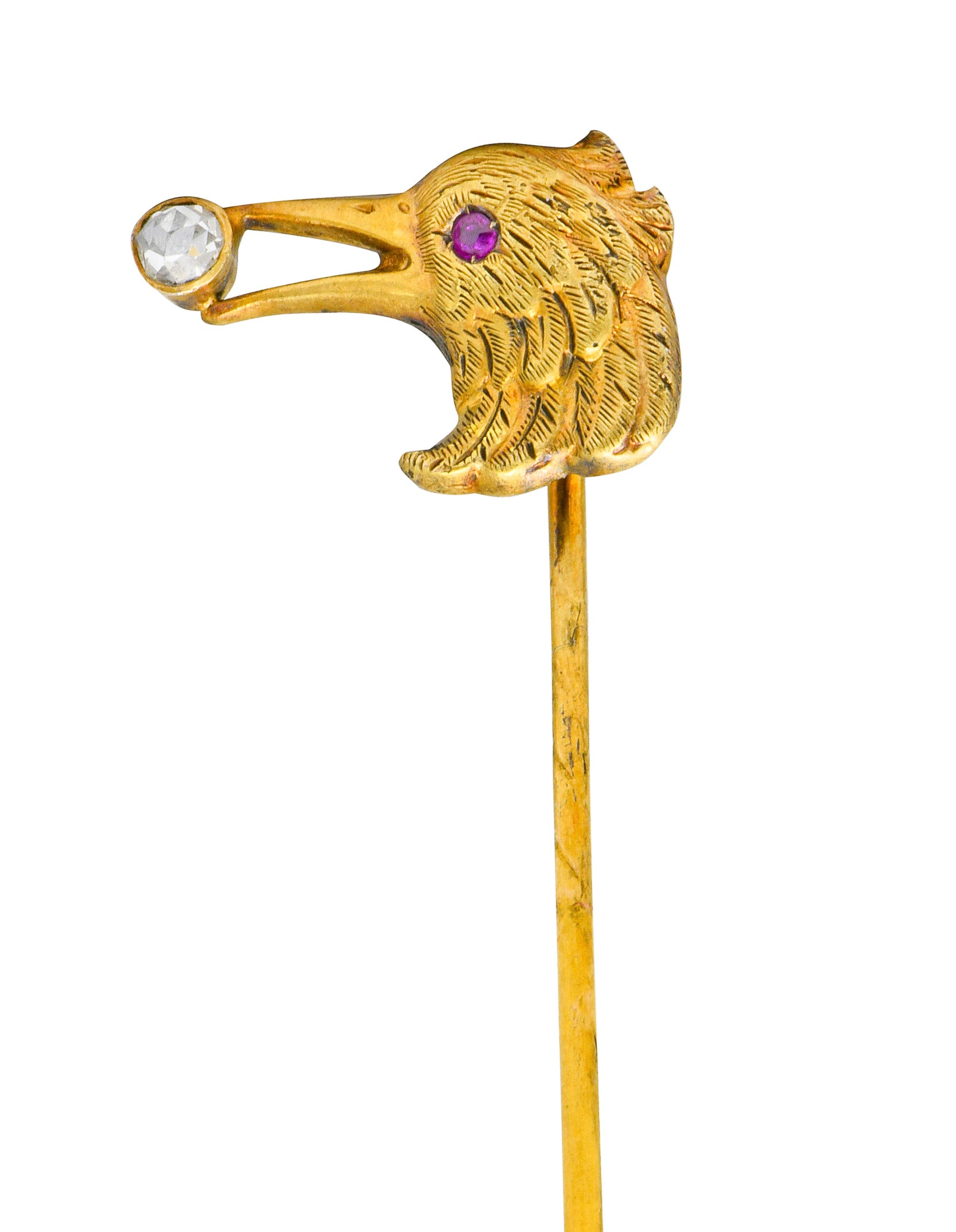 Victorian Rose Cut Diamond Ruby 18 Karat Gold Crow Bird Stickpin