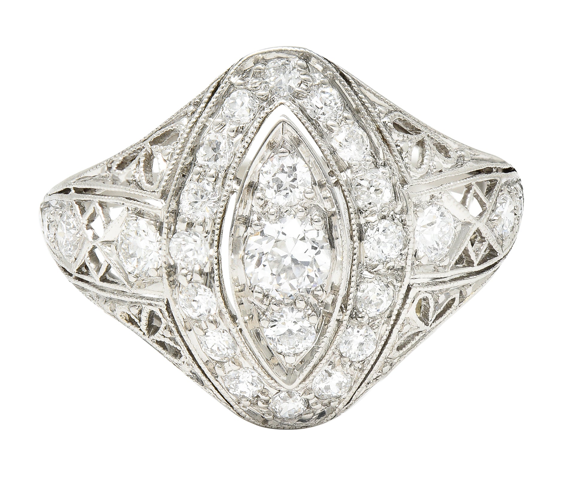 Art Deco 0.72 CTW Old European Cut Diamond Platinum Foliate Filigree ...