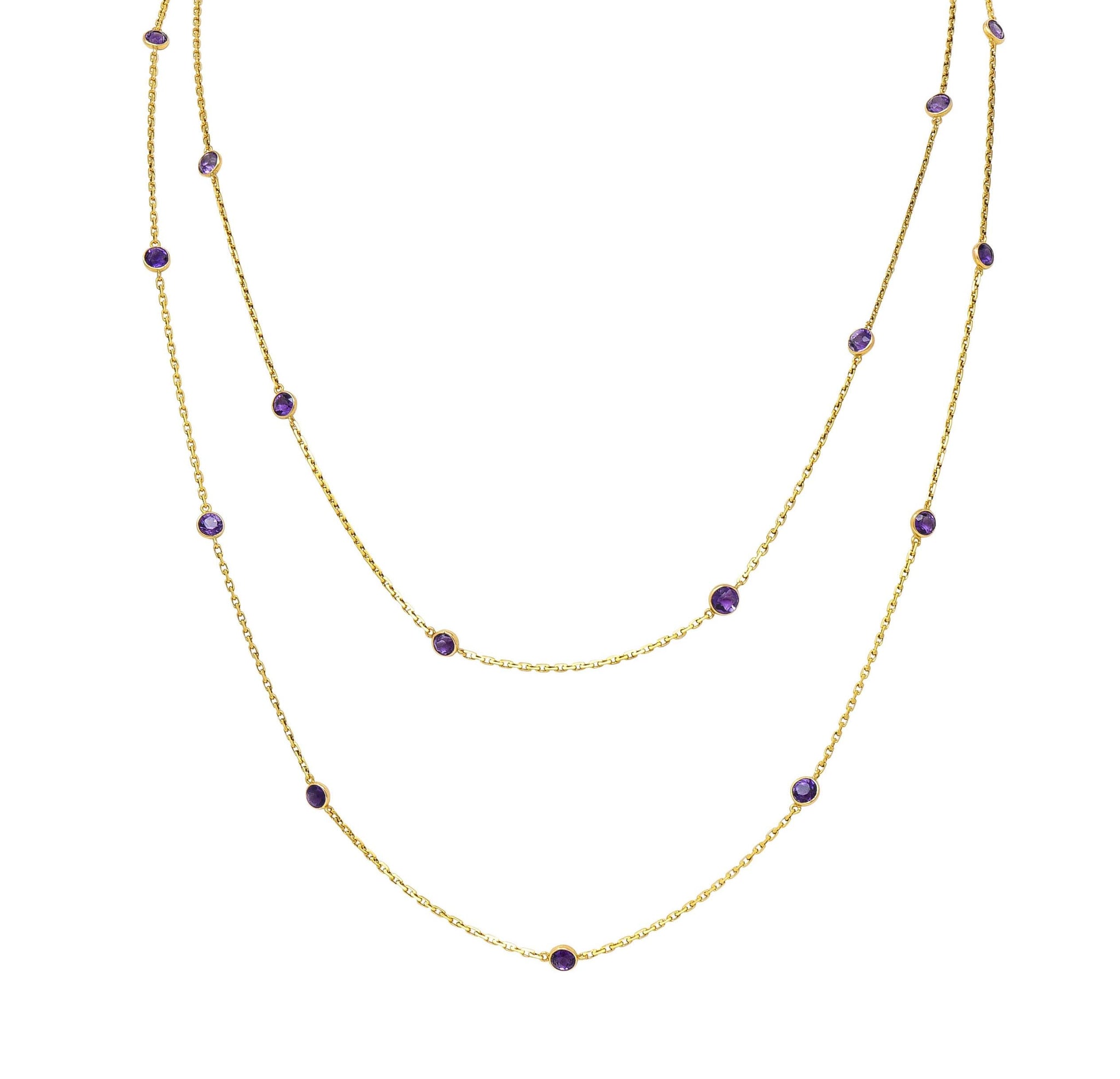 Victorian Amethyst 18 Karat Yellow Gold 59 IN Long Antique Station Cha