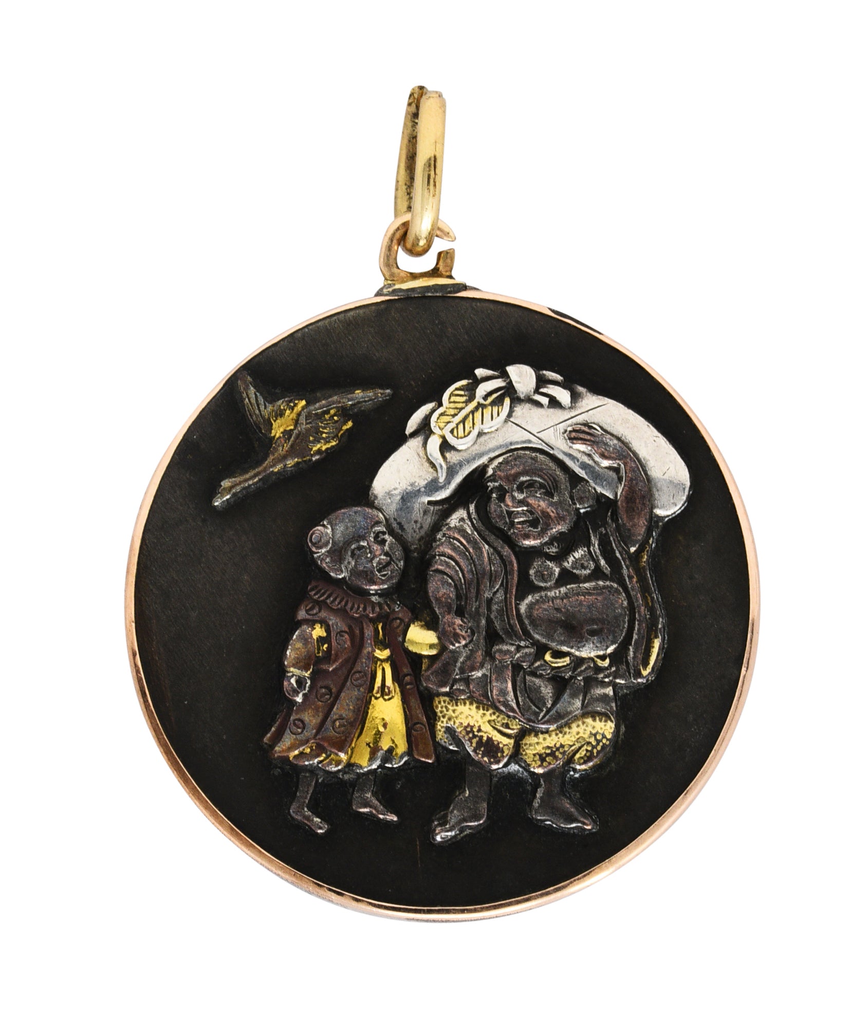 Victorian 14 Karat Gold Silver Mixed Metal Shakudo Pendant