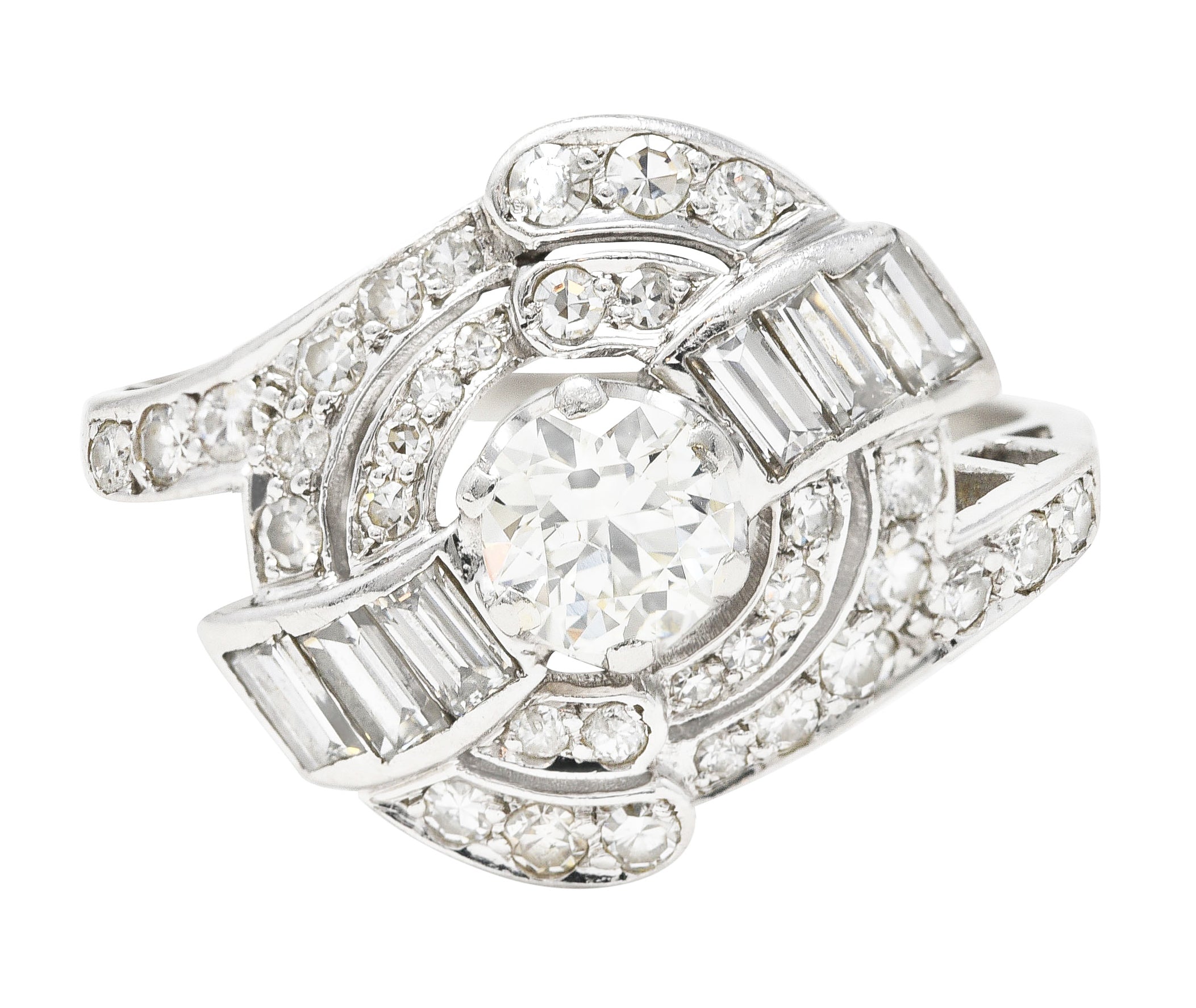 Mid-Century 1.33 CTW Old European Cut Diamond Platinum Swirl Bypass ...