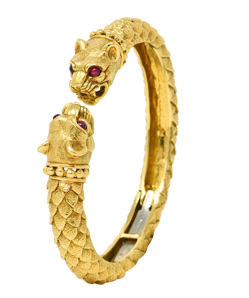 David Webb Ruby 18 Karat Yellow Gold Panther Head Kingdom Cuff Bracelet ...