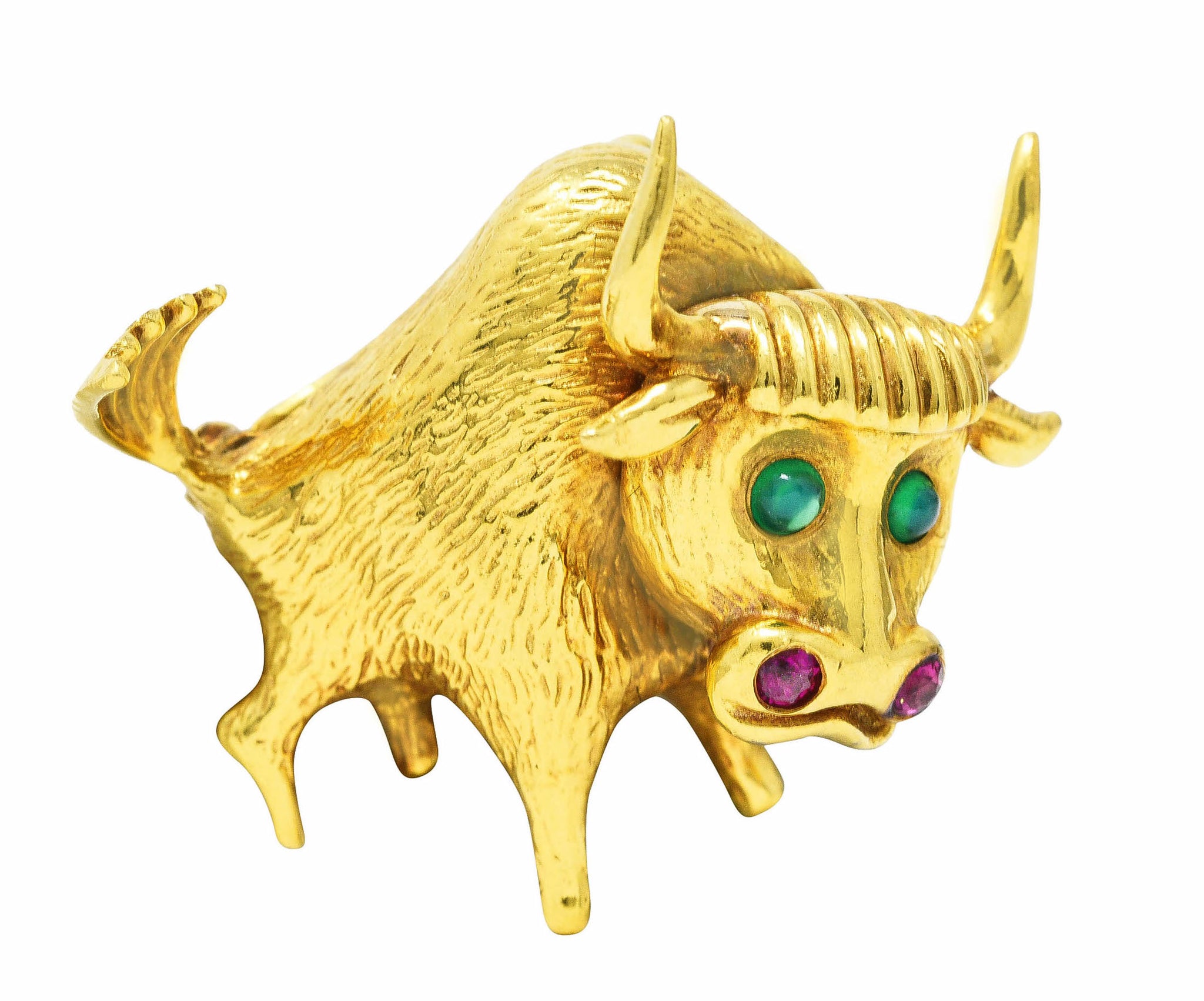 1960’s Ruby Emerald 18 Karat Yellow Gold Bull Vintage Brooch