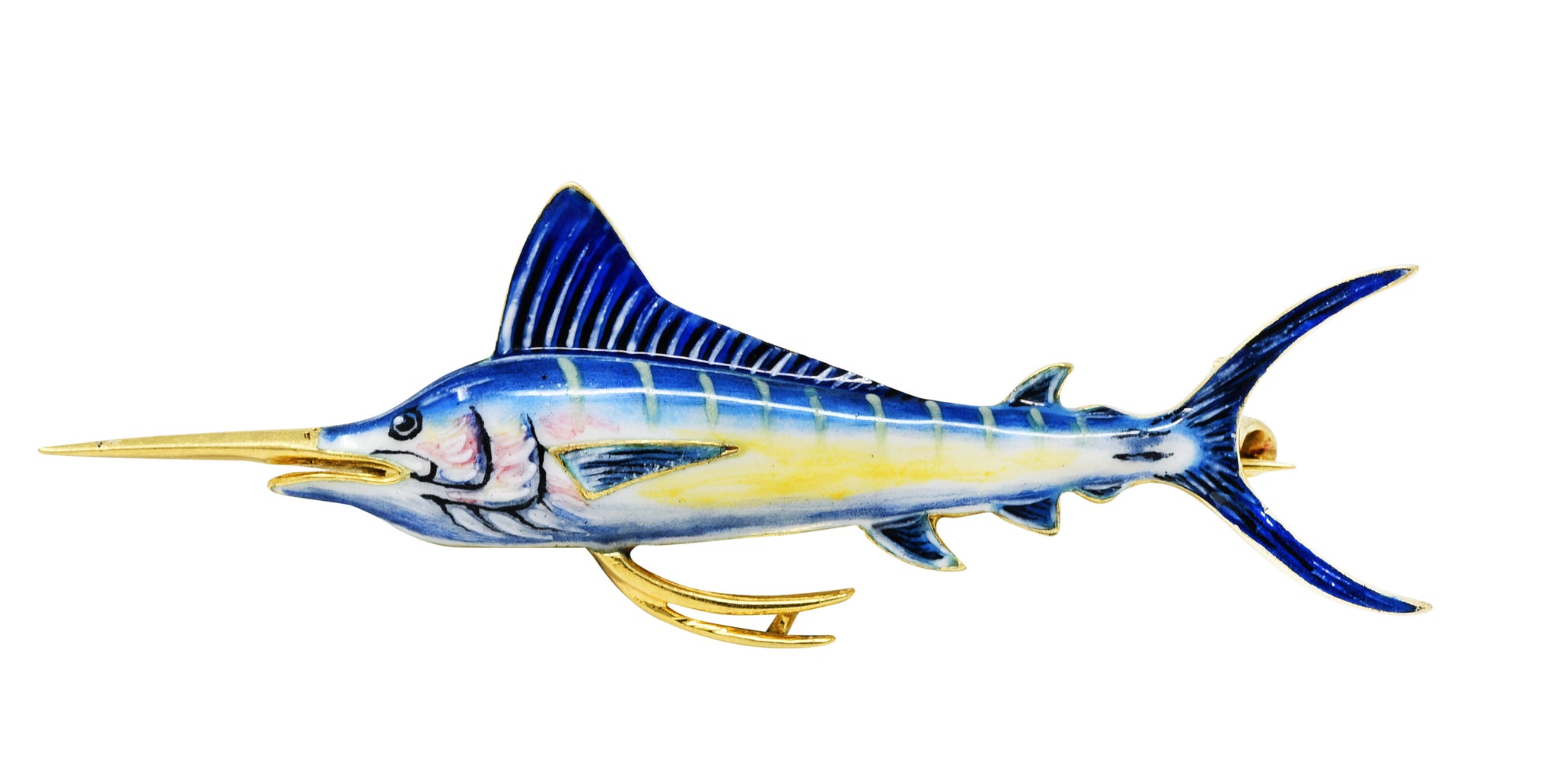 1950’s Enamel 14 Karat Yellow Gold Marlin Fish Unisex Brooch
