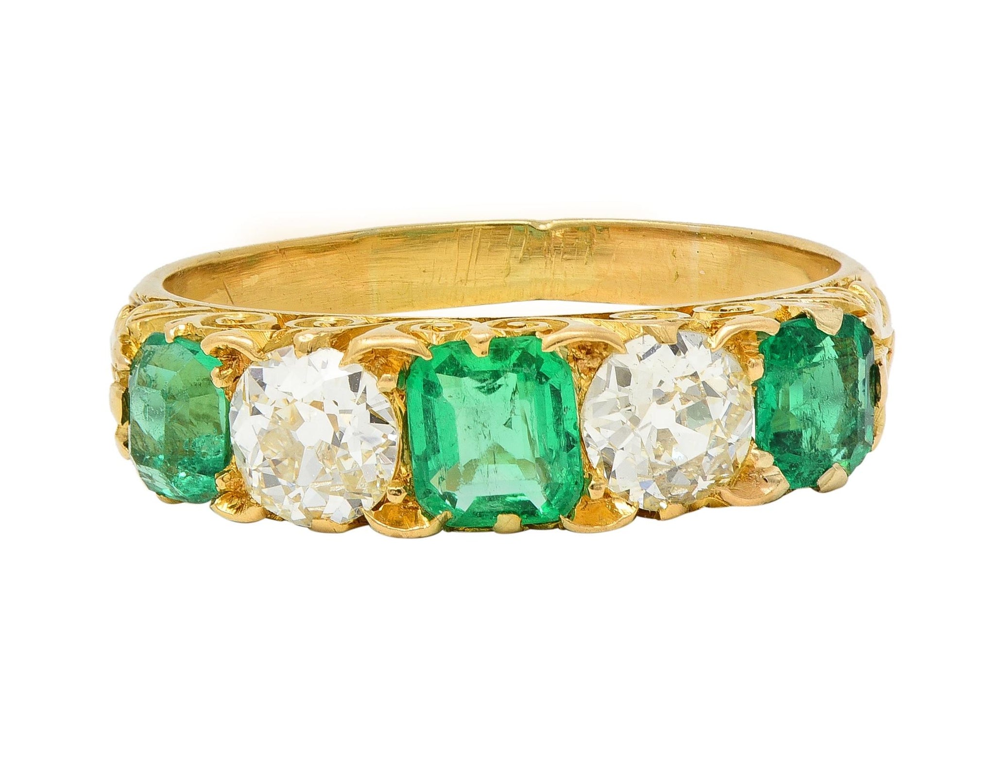 Victorian Emerald Diamond 18 Karat Yellow Gold Scrolling Five Stone An